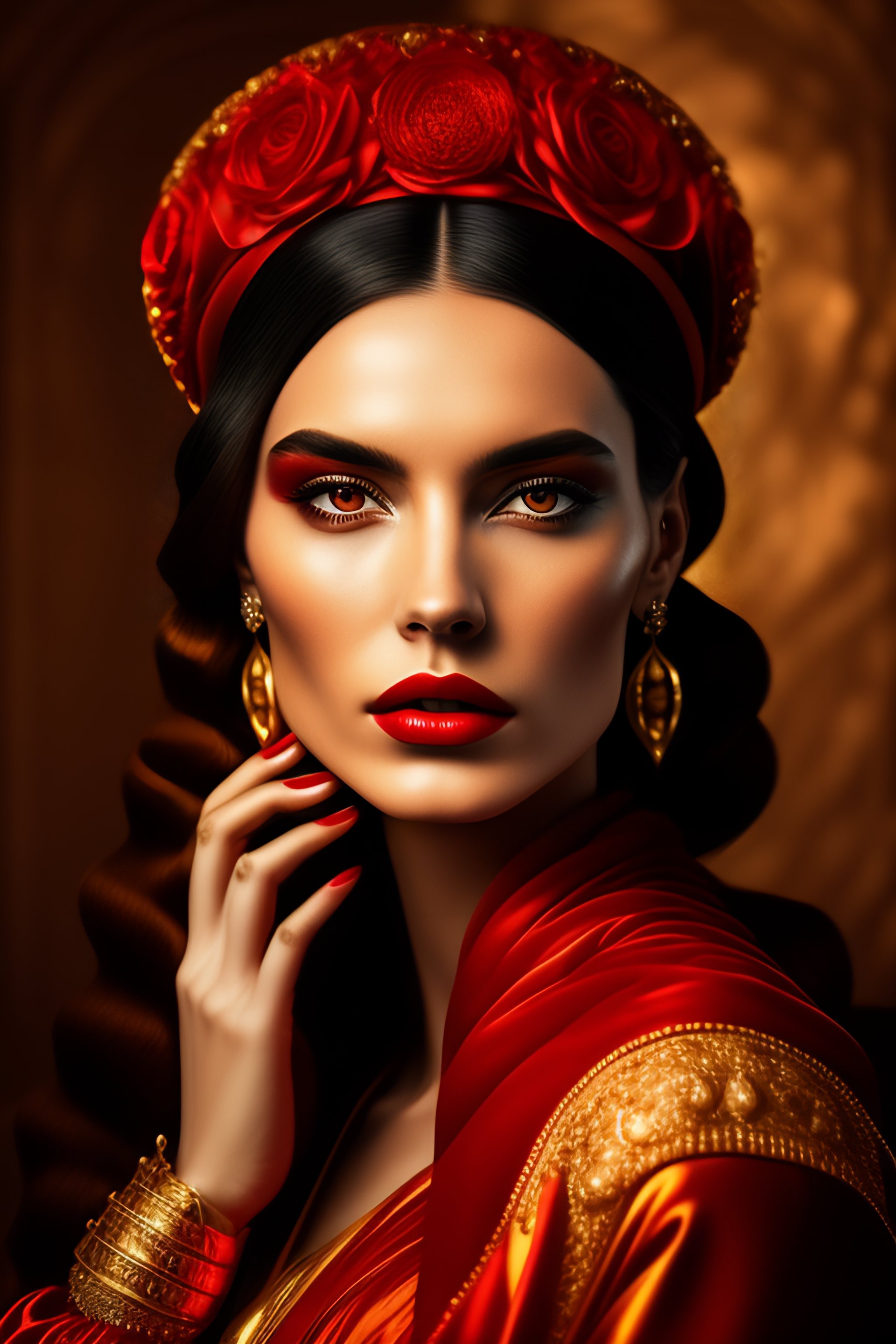 Lexica - A woman with gold and red makeup holding her hands near her ...