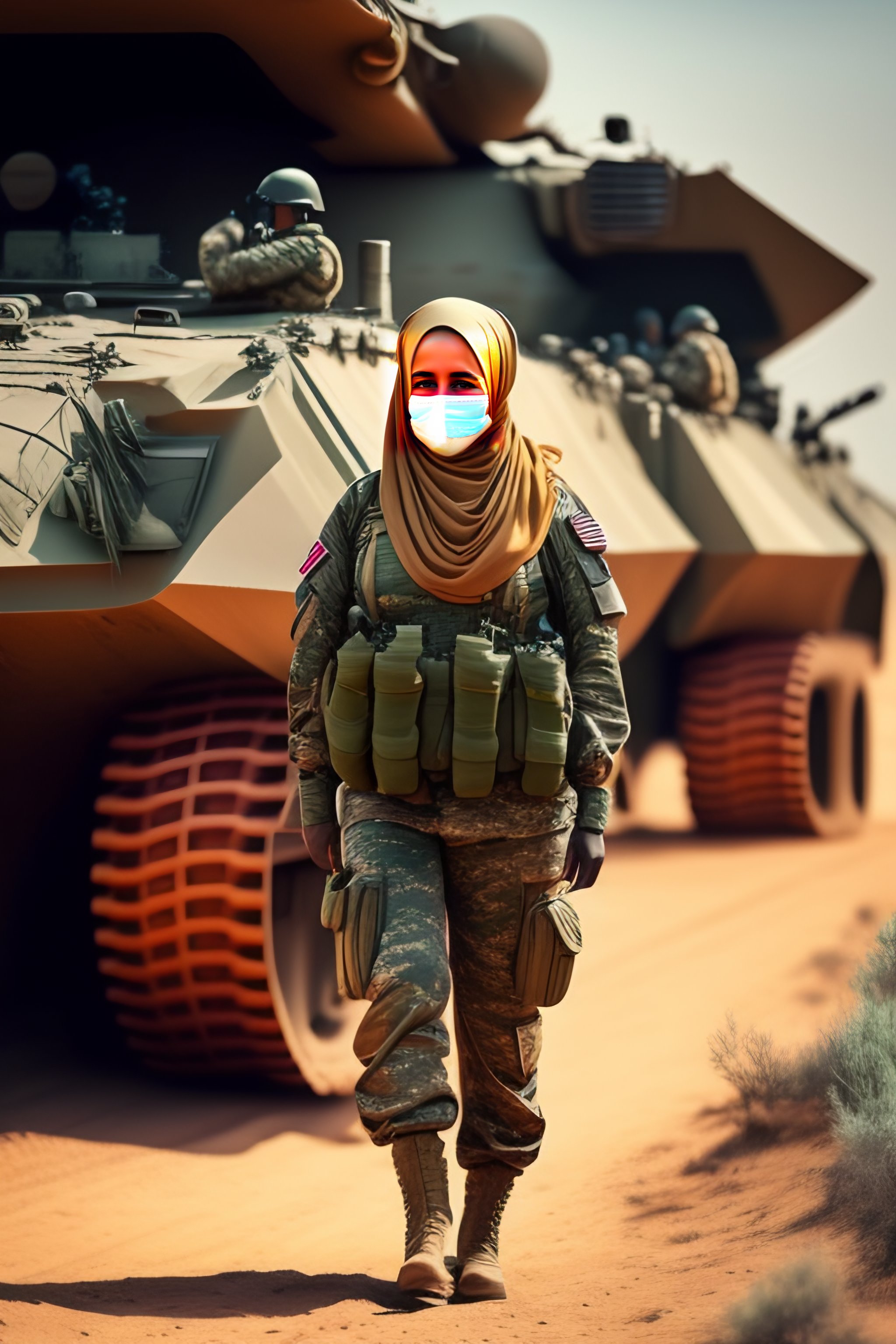 Lexica - A beautiful woman wearing hijab in war, full body,