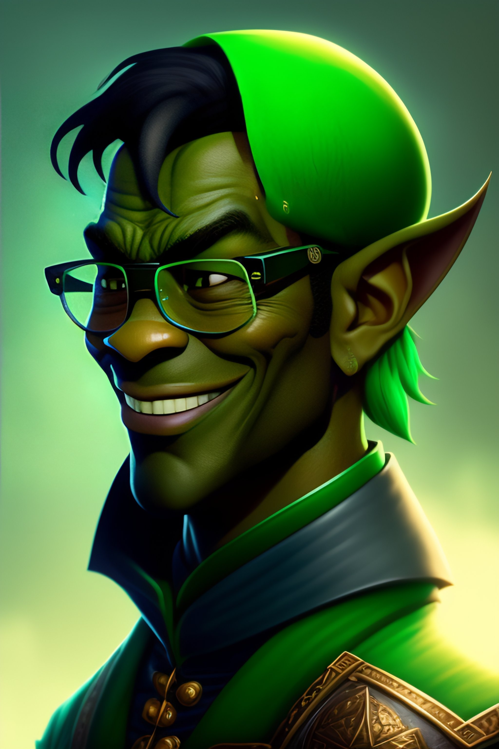 Lexica - A well-drawn friendly kind dark-green orc with a kind smile ...