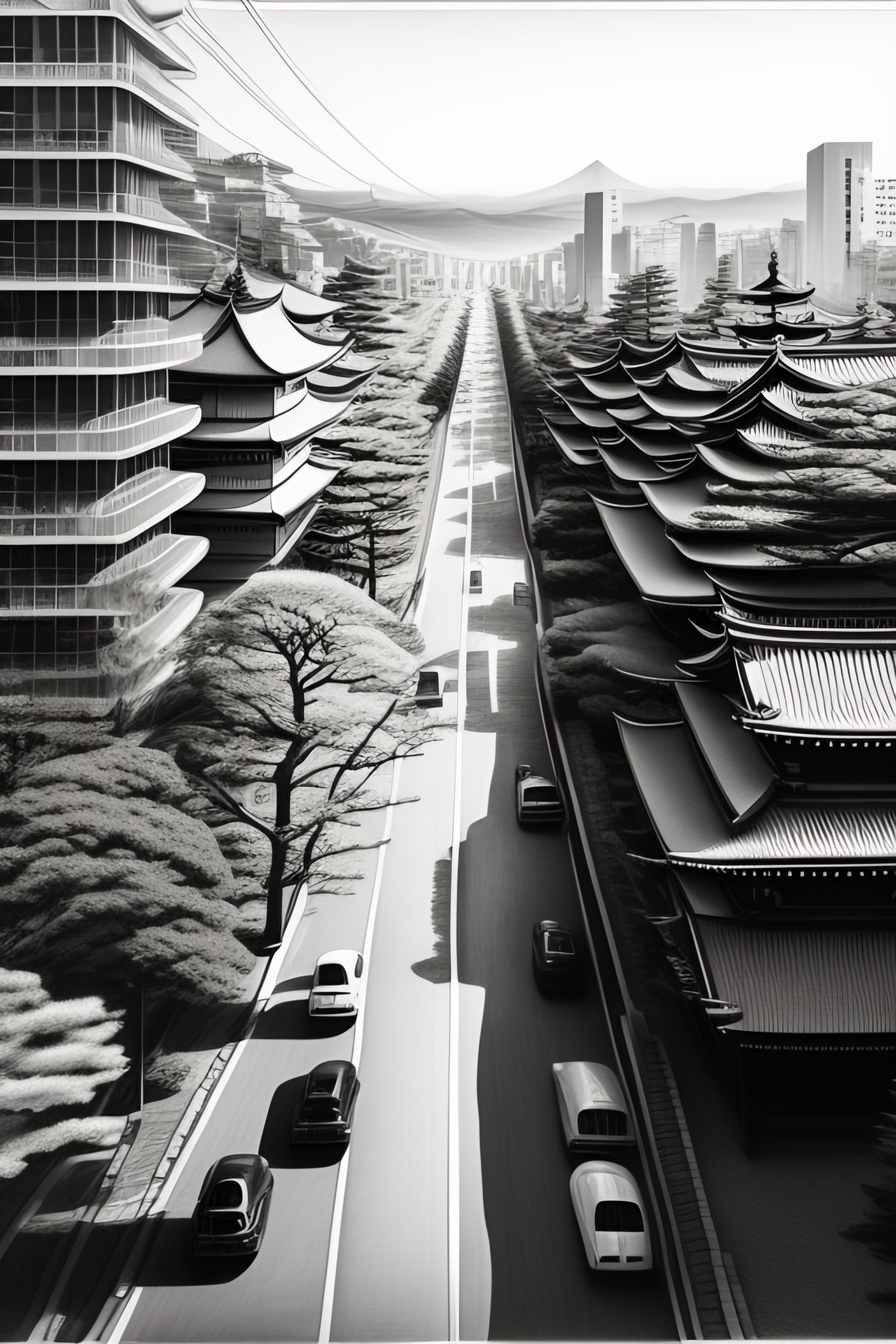 Lexica - Japan street from above pencil drawing