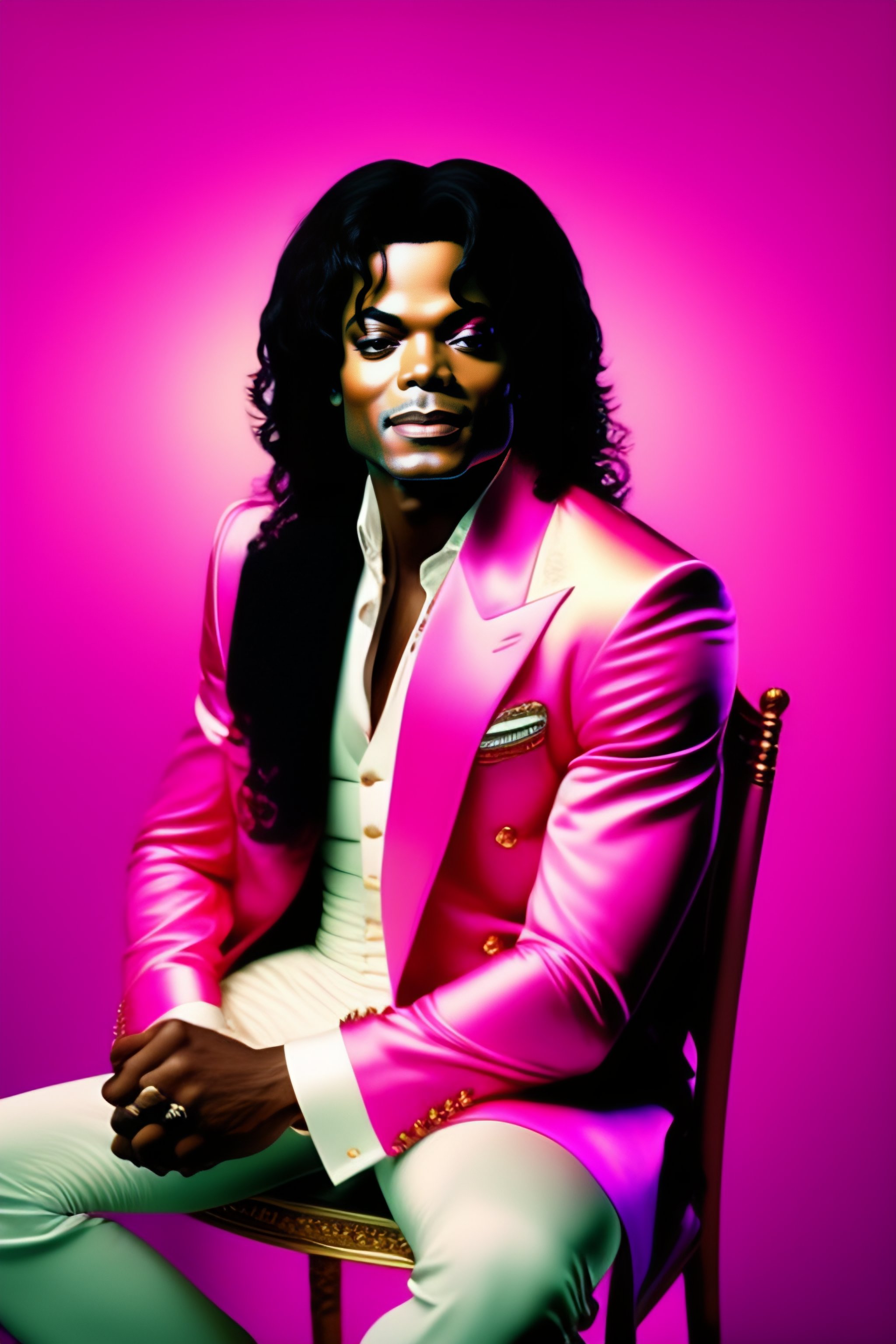 Lexica - Michael Jackson sitting in a chair, with a light pink background.