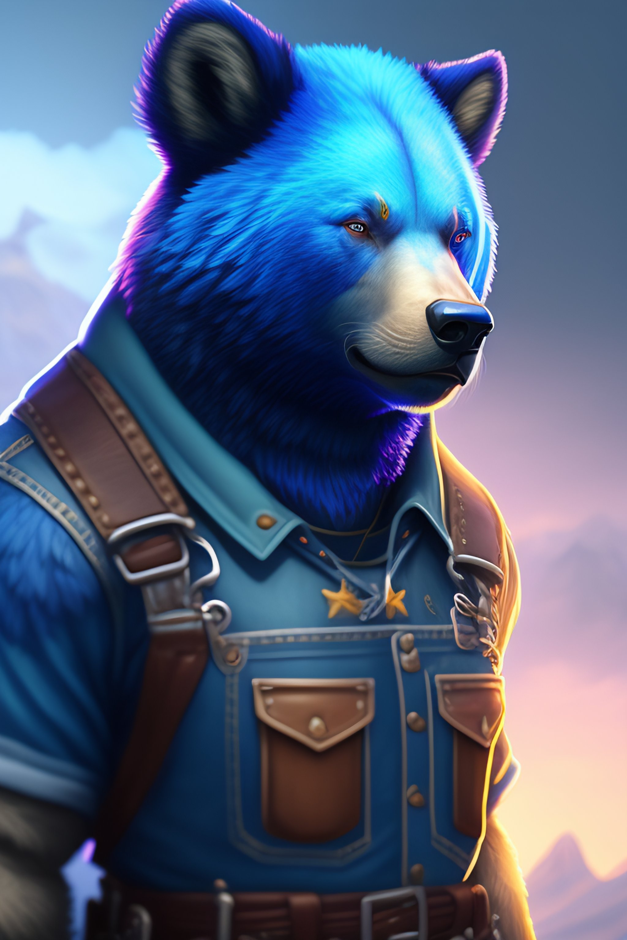 Lexica - A realistic blue country bear wearing overalls and a hat ...