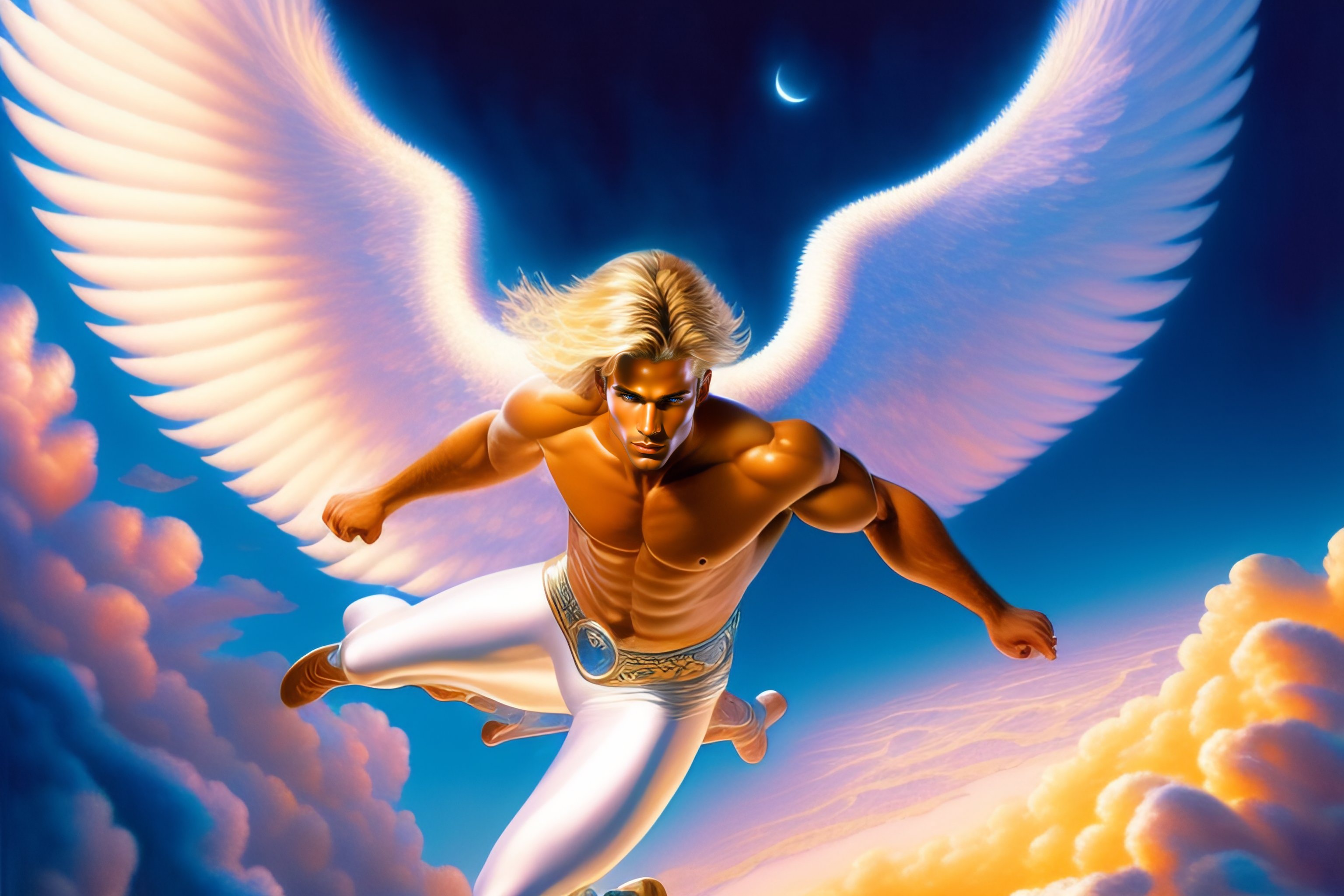 Lexica - A male Angel flying and dancing among the clouds, blond hair ...