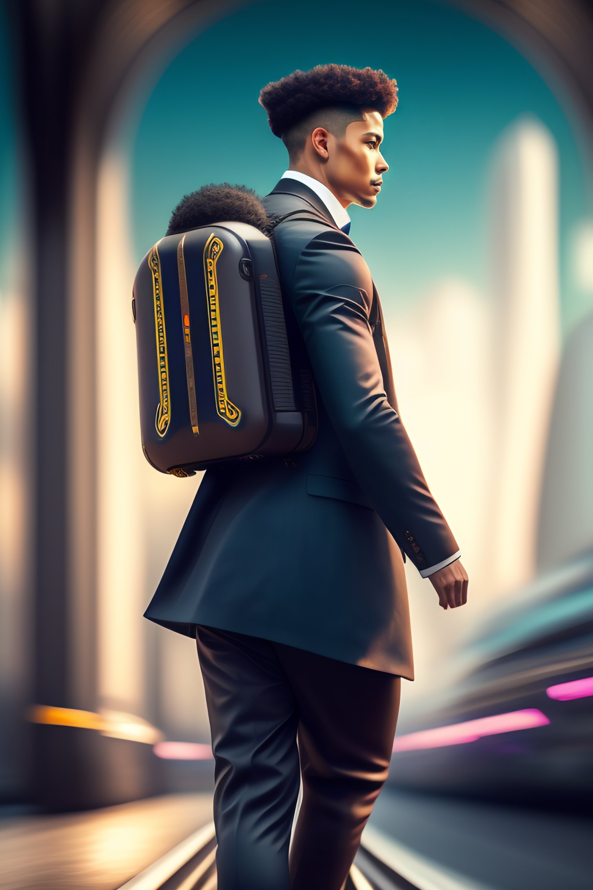 Lexica - Man dress in solarpunk attire commuting on a flying hoverboard ...