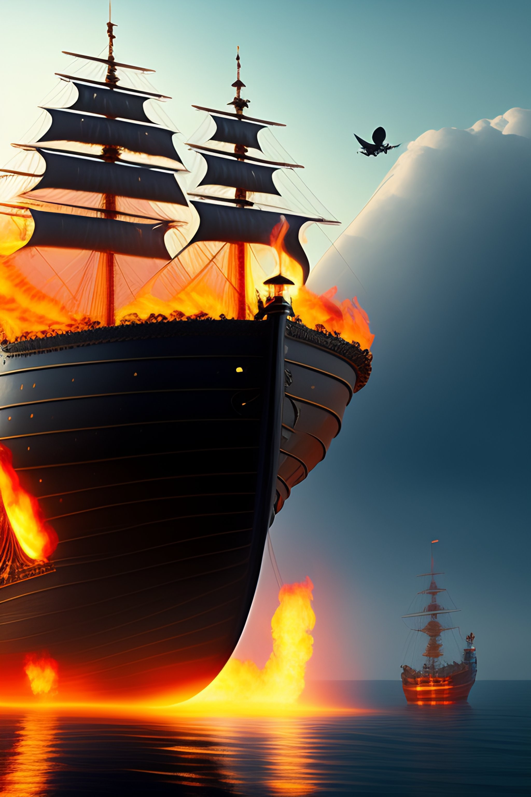 Lexica - Black pirate ship on fire with flying bunnies