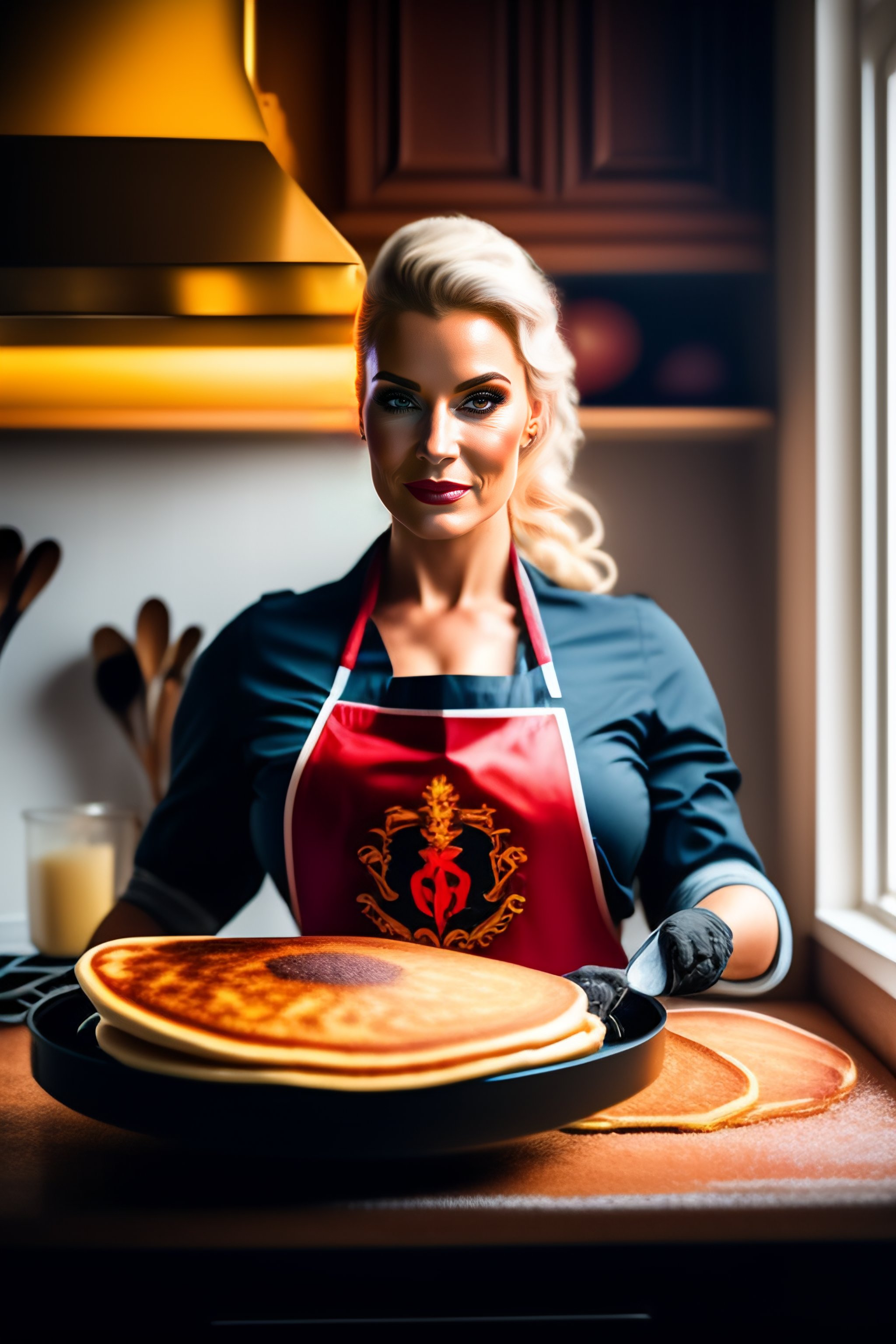 Lexica - Female Lucifer from Helltaker in the Kitchen making pancakes
