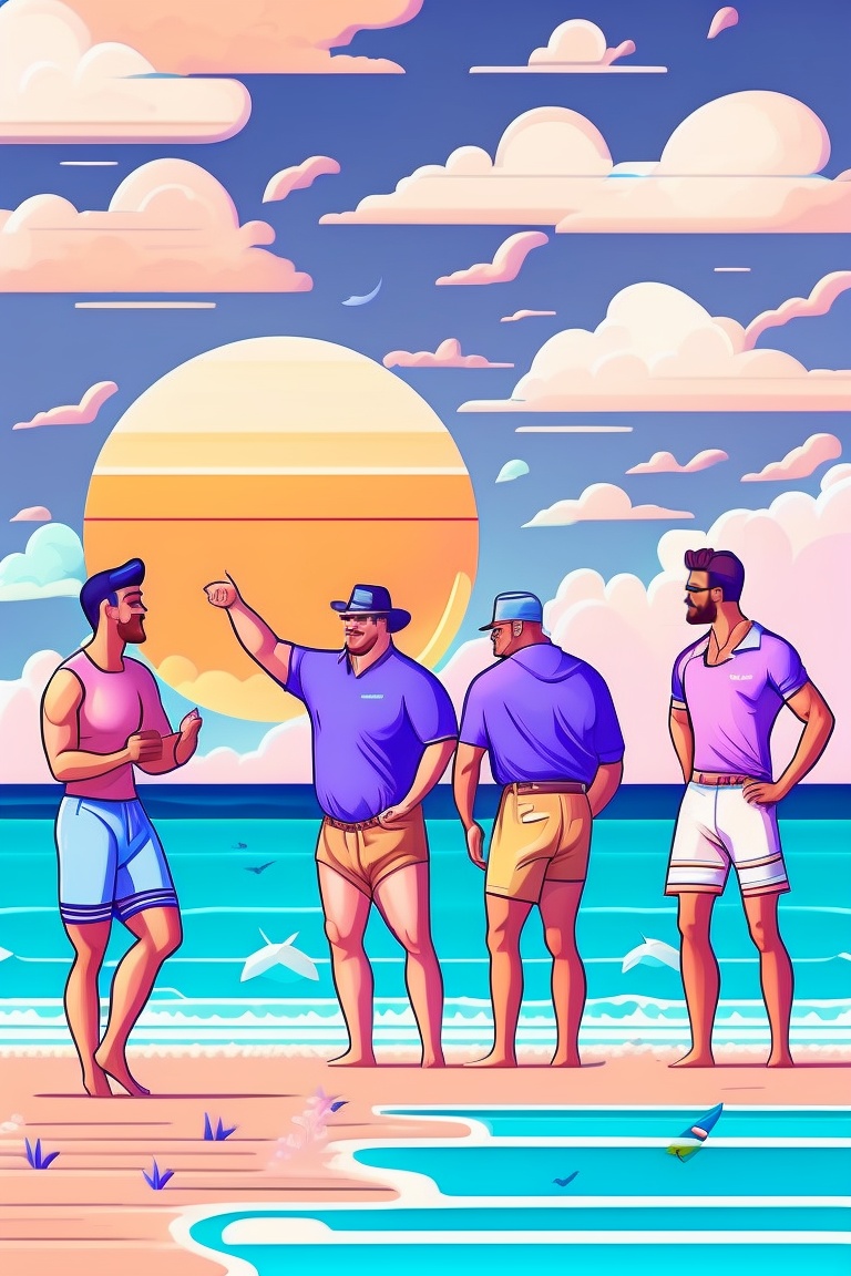 Lexica - A few guys at the beach having fun, ocean, skies, art line ...