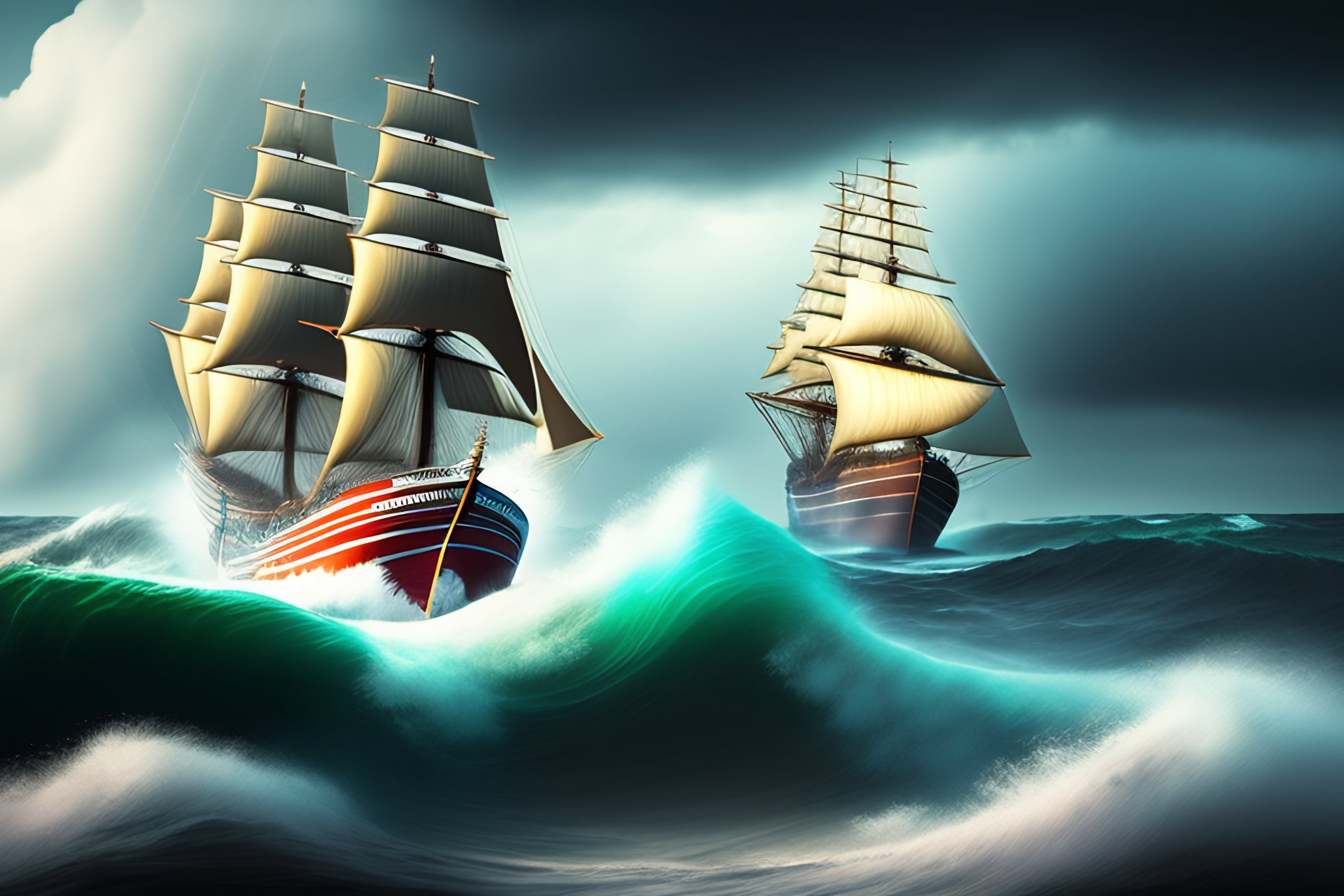 Lexica - A 3 masted ship in full sail crashes through a stormy ocean ...