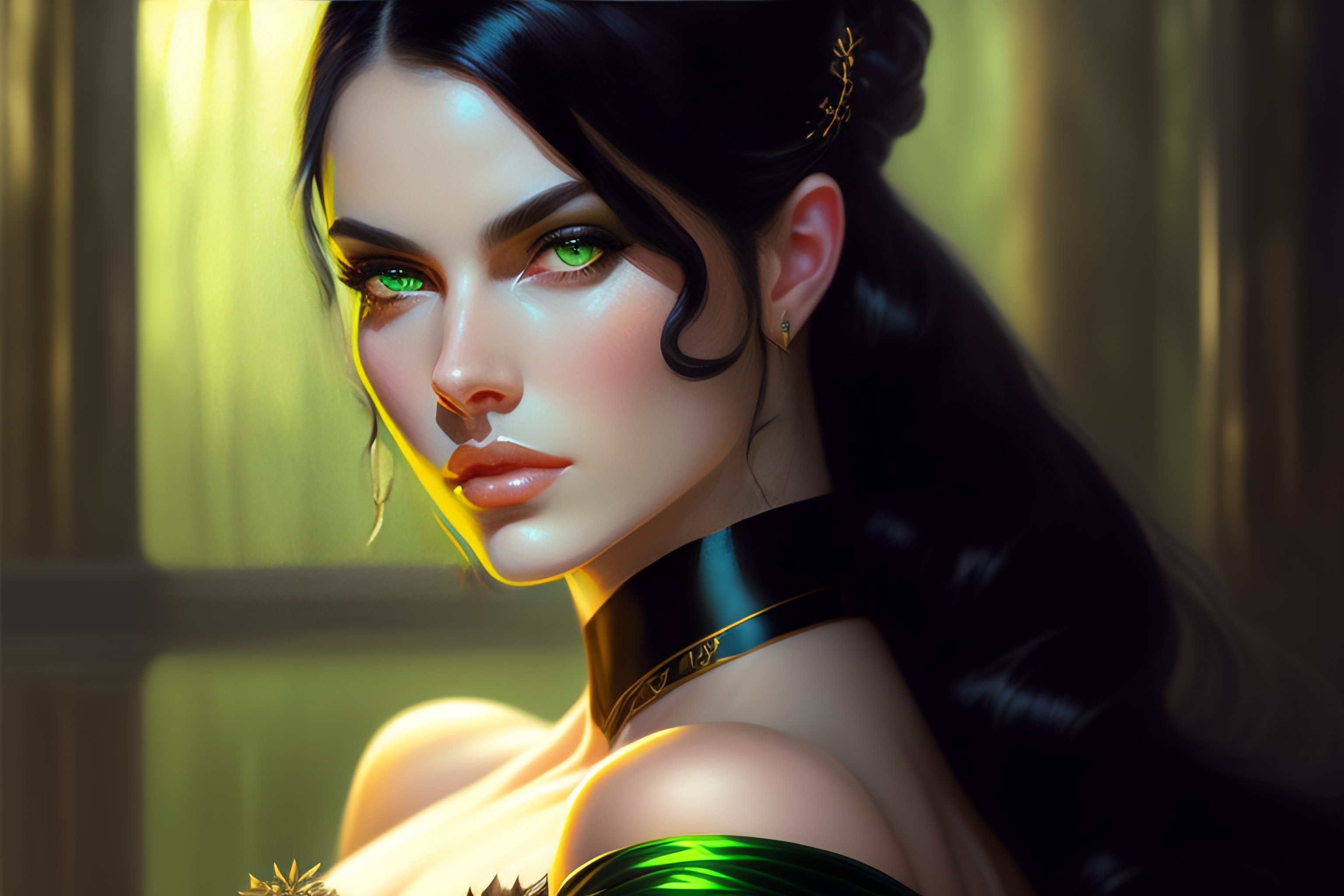 Lexica - Black hair woman, pale skin, white skin, green eyes, black ...