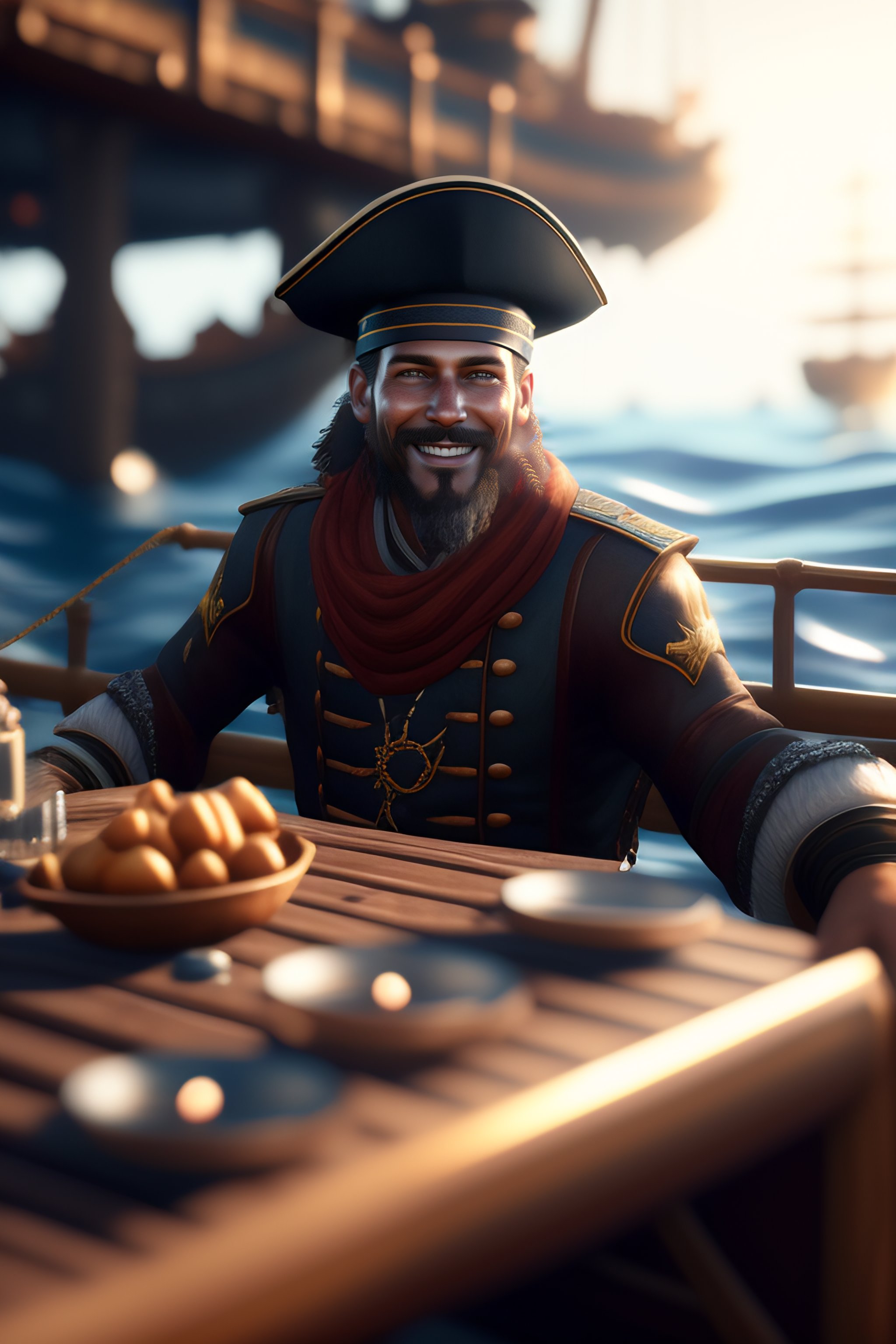Lexica - A pirate floating smiles on a table in the middle of the sea ...