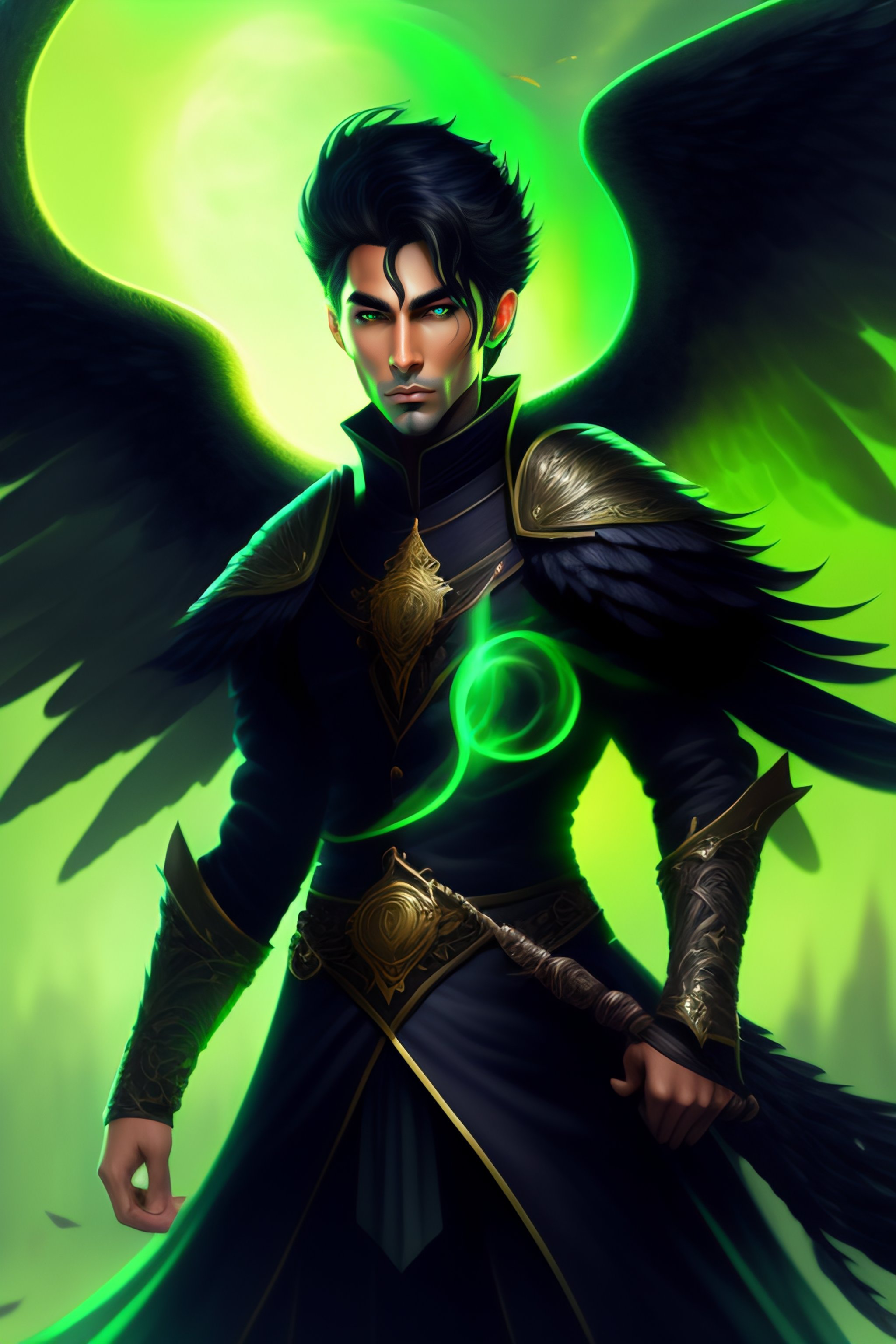 Lexica - Draw of a man mage with green eyes, dark hair, black closes ...