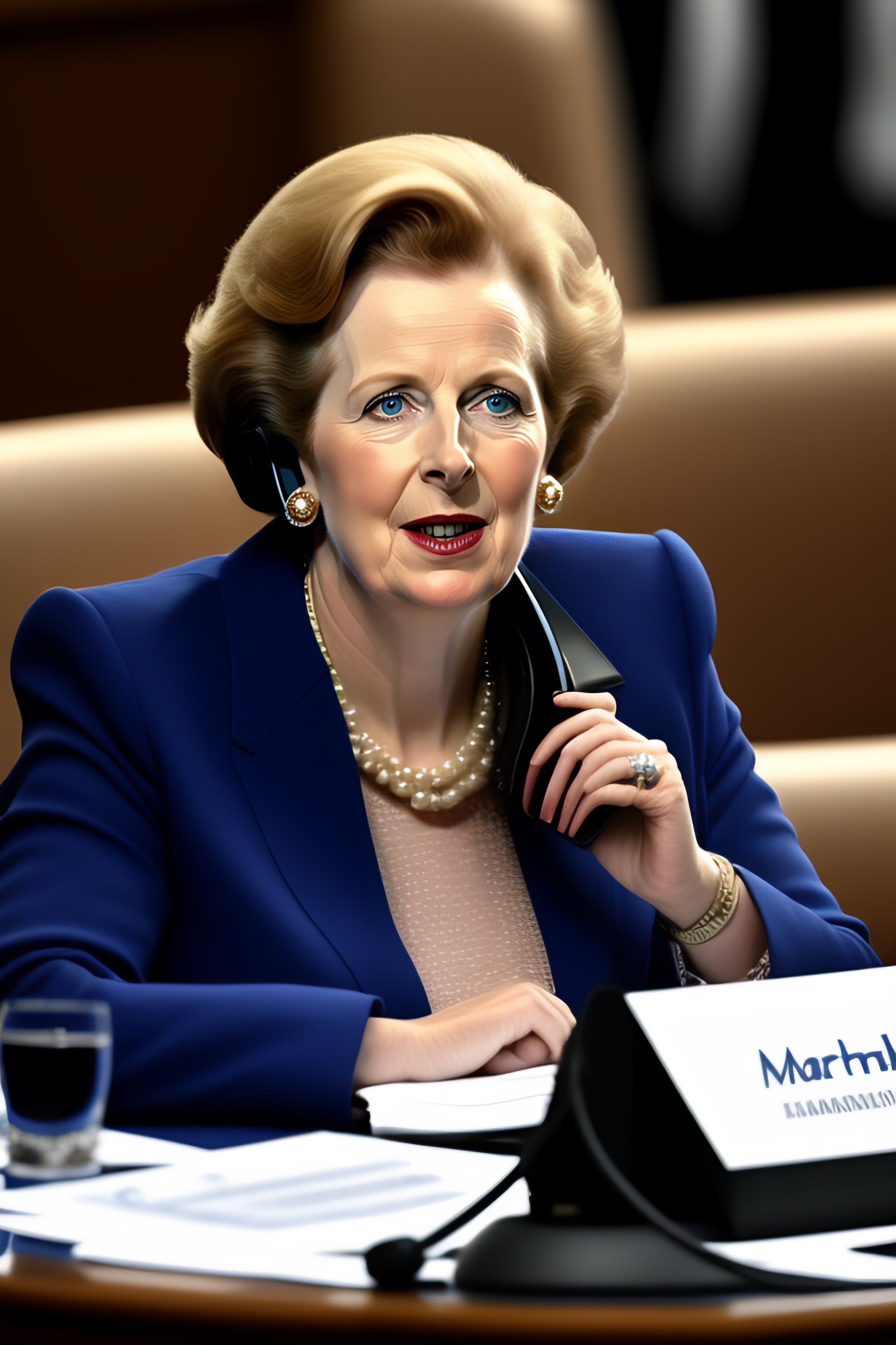 Lexica - Professional photo of Maragaret Thatcher speaking phone