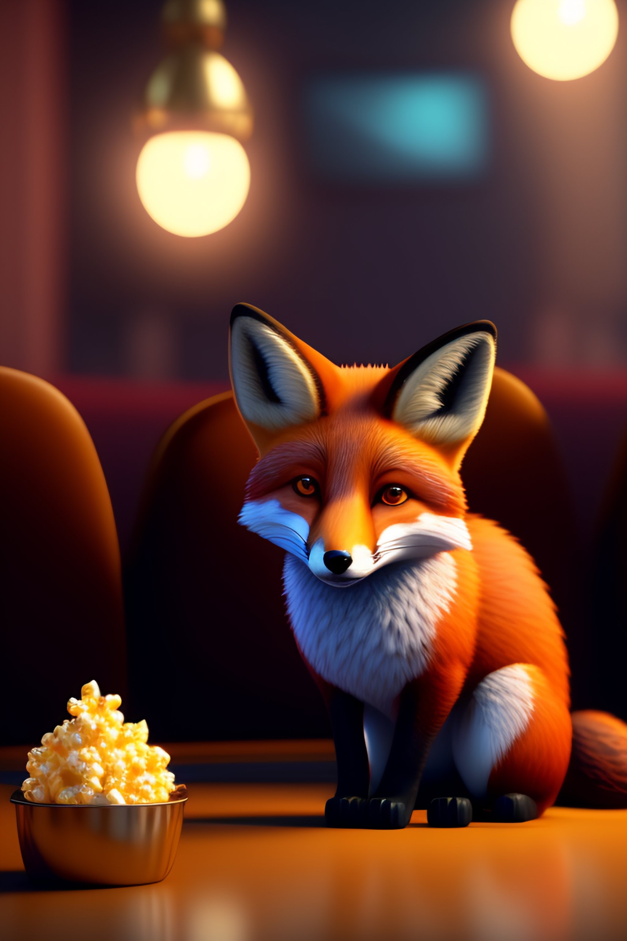 Lexica - Fox sitting in a movie theater eating popcorn watching a movie ...