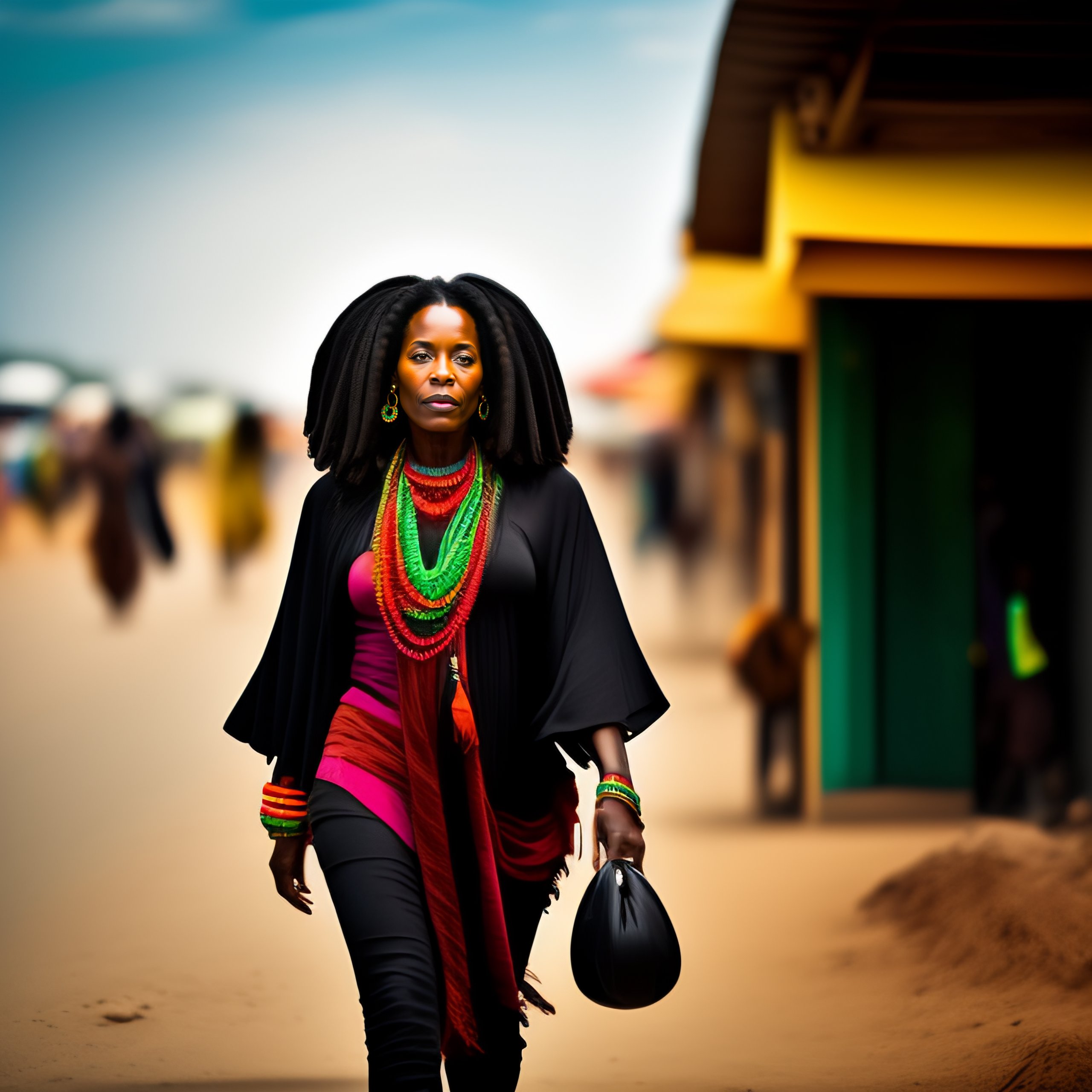 Lexica - Black rasta woman woman walking away with her hand held up to ...