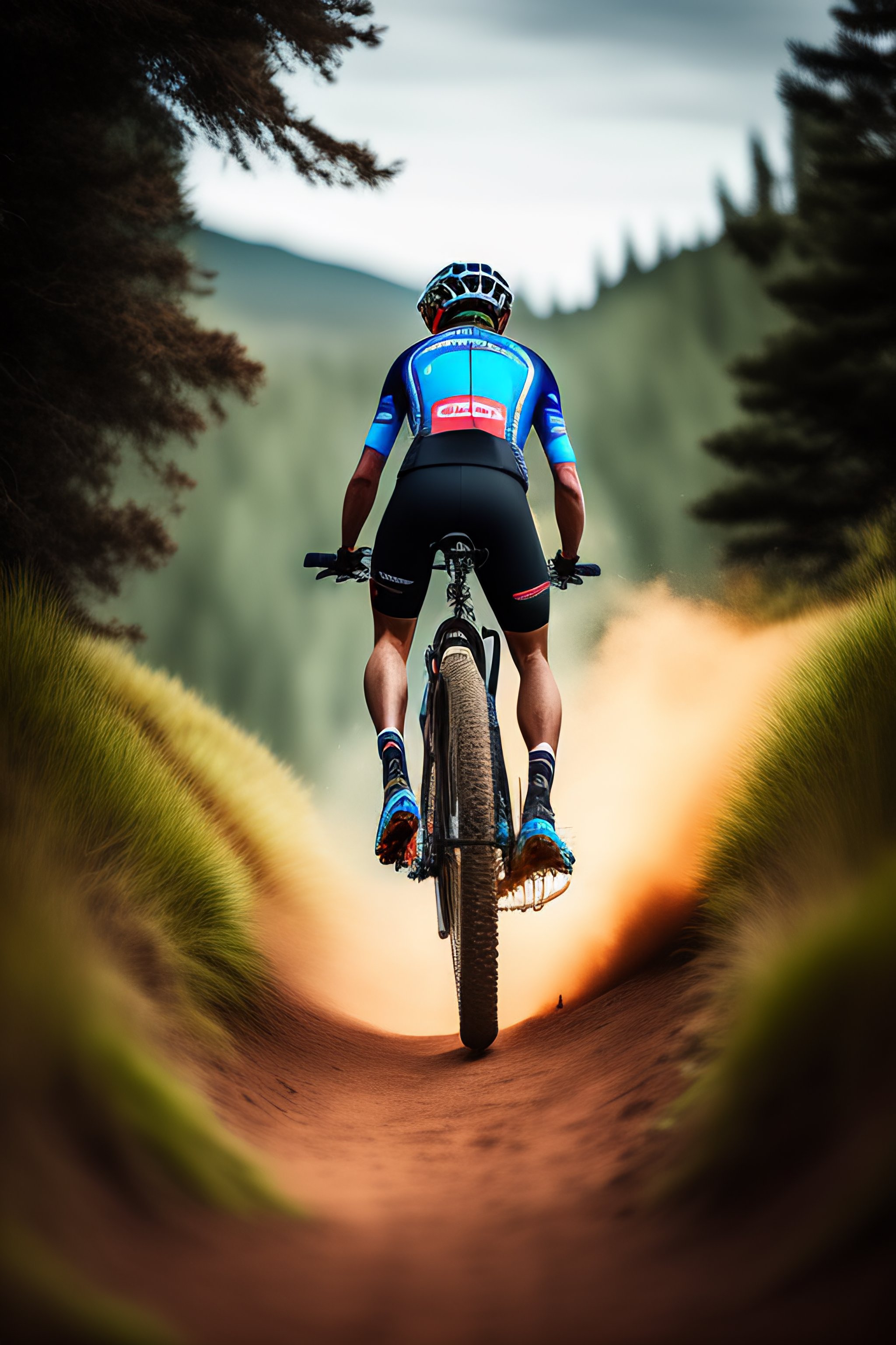 Lexica - Ultra realistic photo of mtb rider, shot from behind, back ...