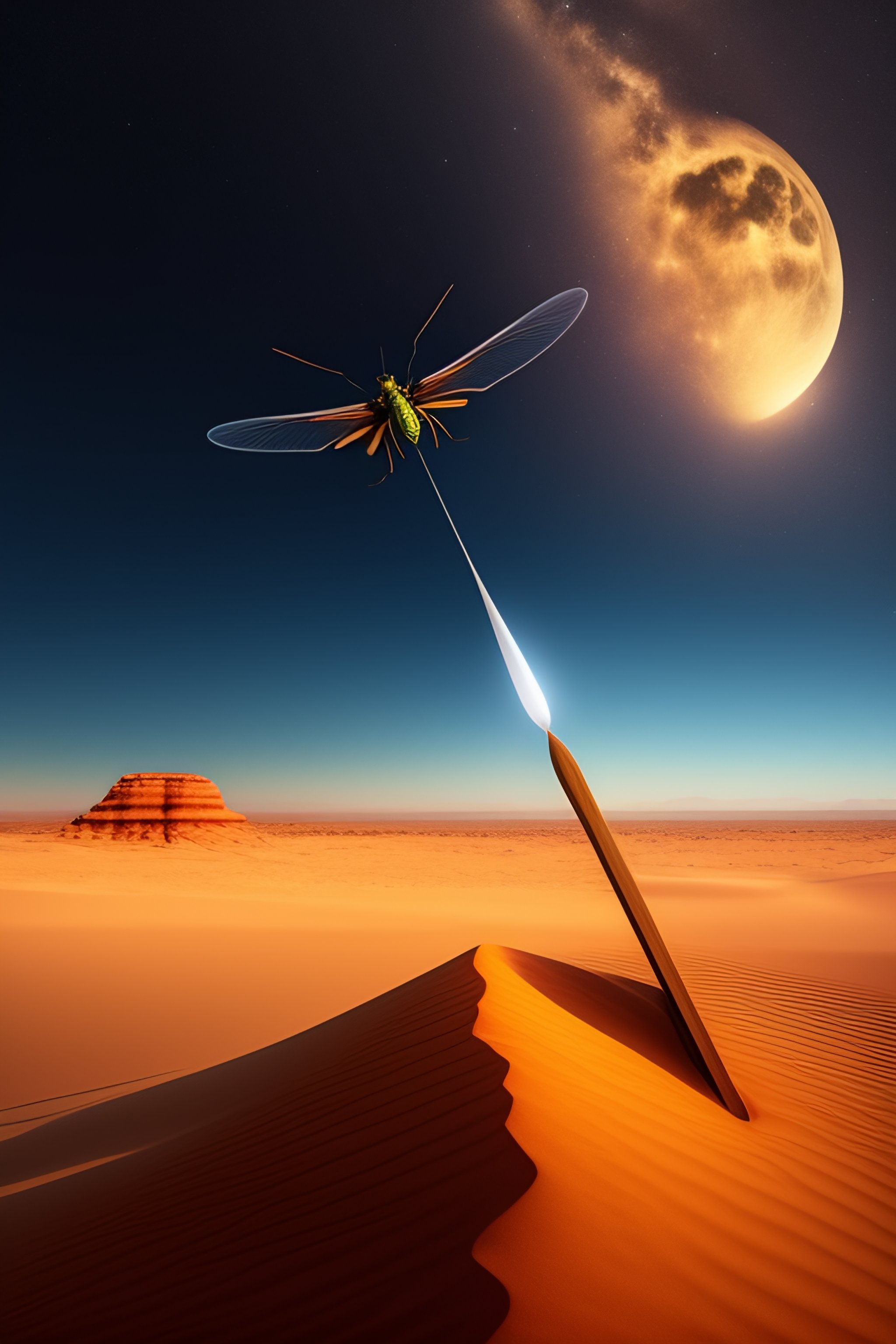 Lexica - A mantis insect in a desert with a crescent moon spear.
