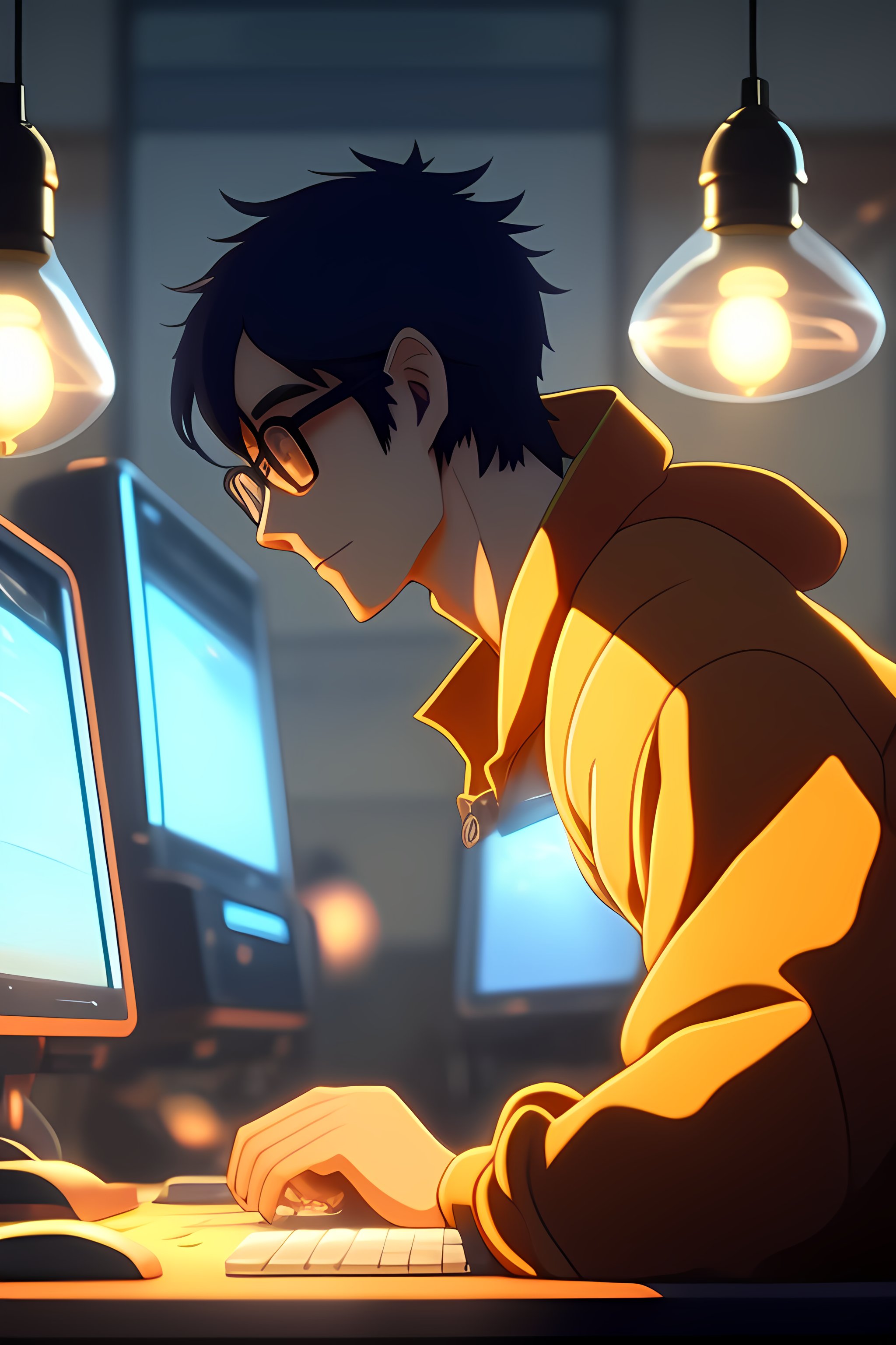 Lexica - A nerdy men is programming at a computer in a room full of ...