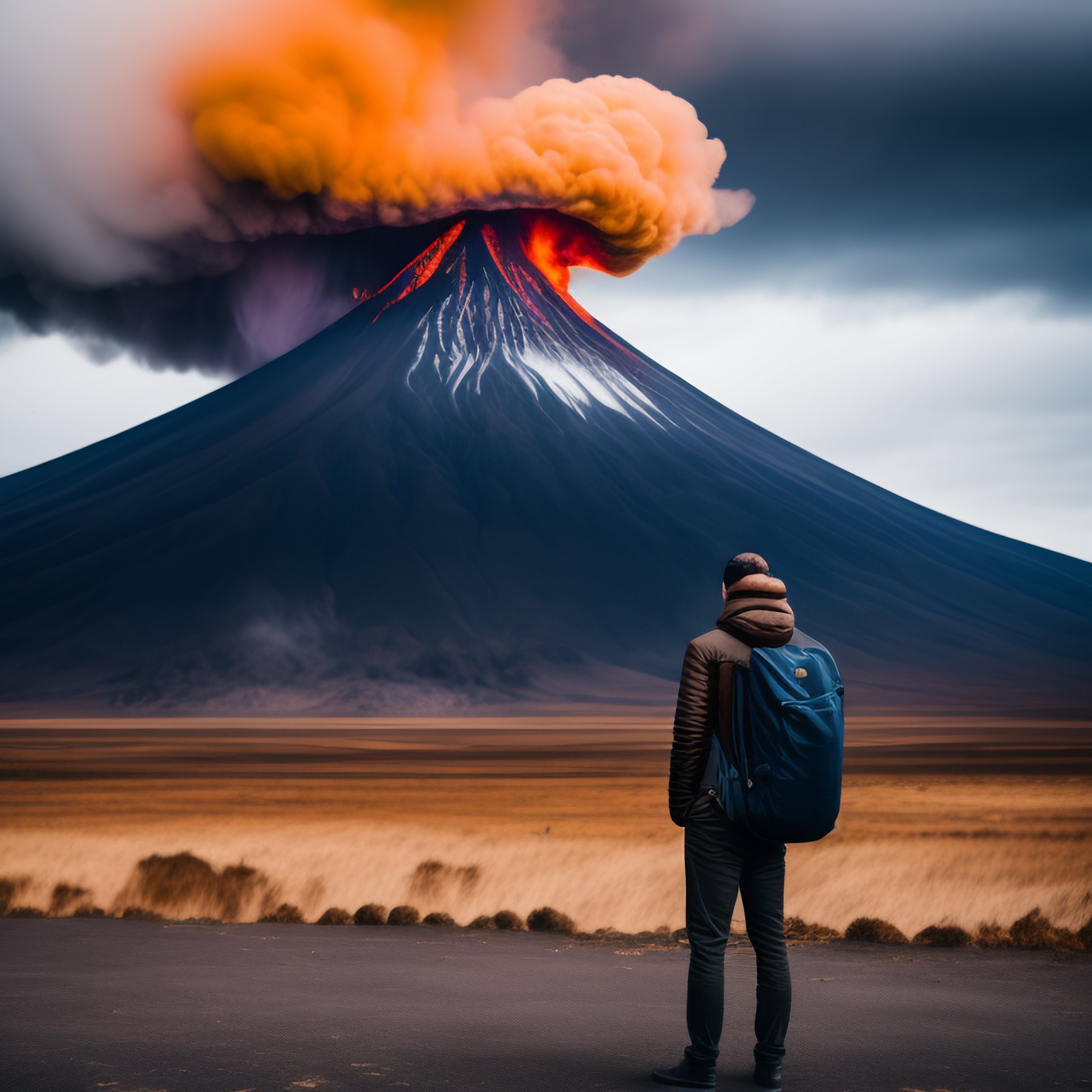 Lexica - Photograph of Back of man looking at active volcano, big smoke ...