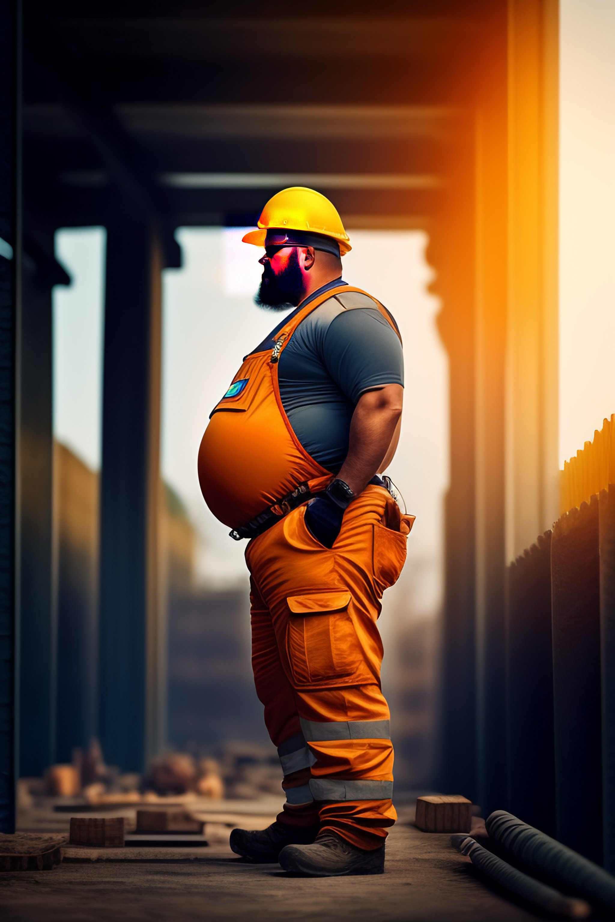 Lexica - A construction worker, with a (large belly)++++++, amateur photo
