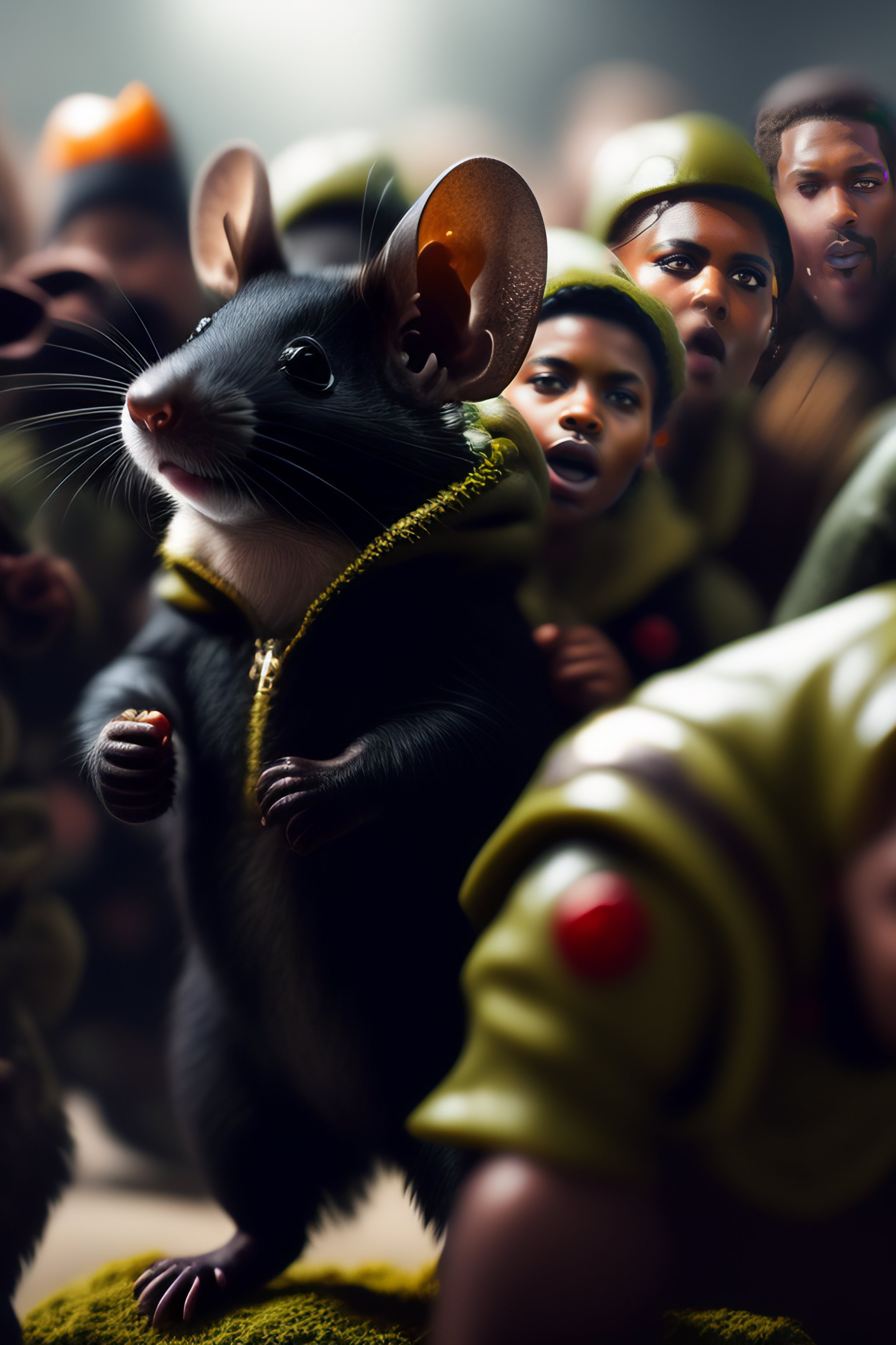 Lexica - A clothed black rat in front of a horde of zombies