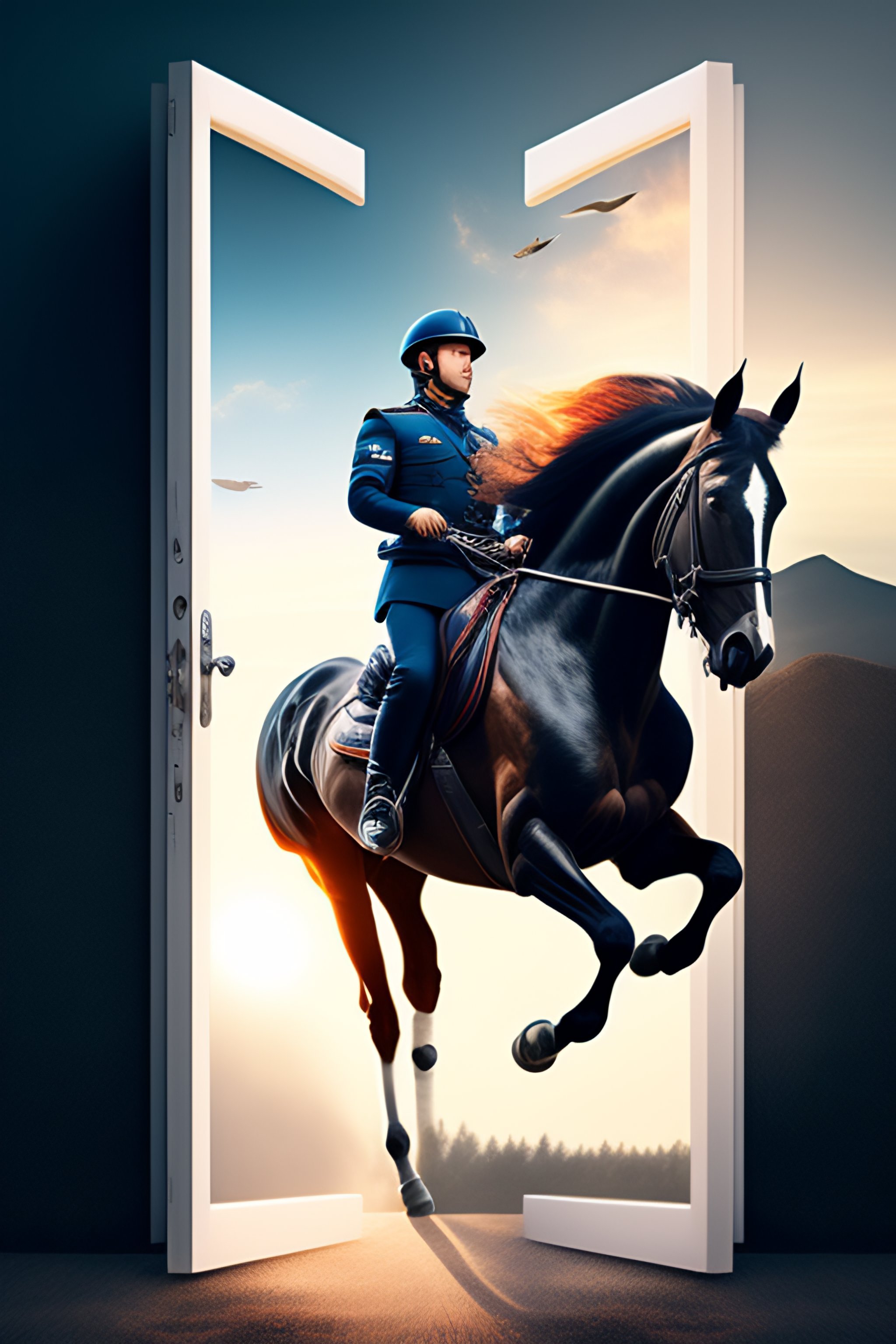 Lexica - Man riding a flying horse entring a big white door in the sky