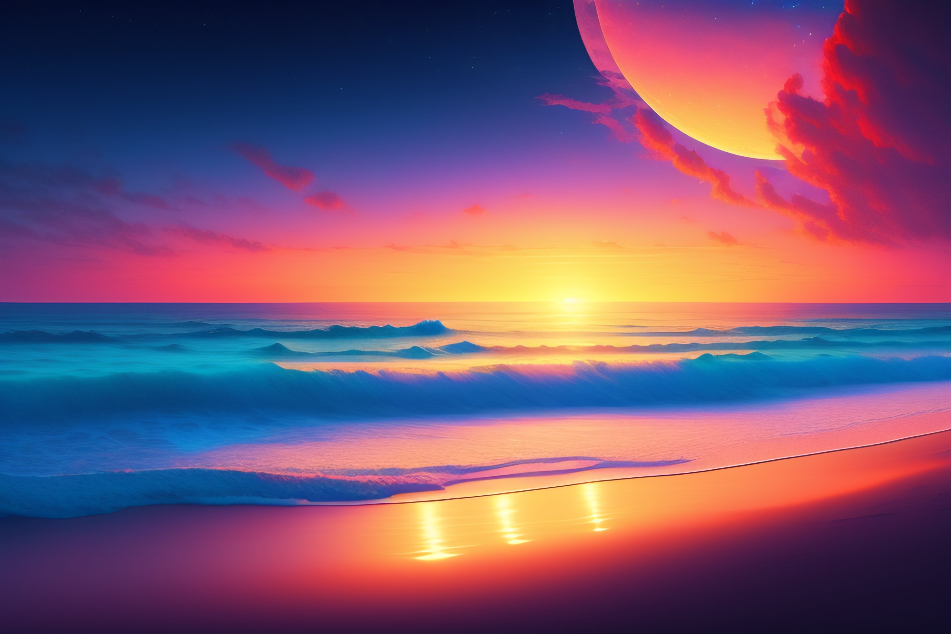 Lexica - Cyan glowing ocean, red sunset ,white sand beach, giant ...