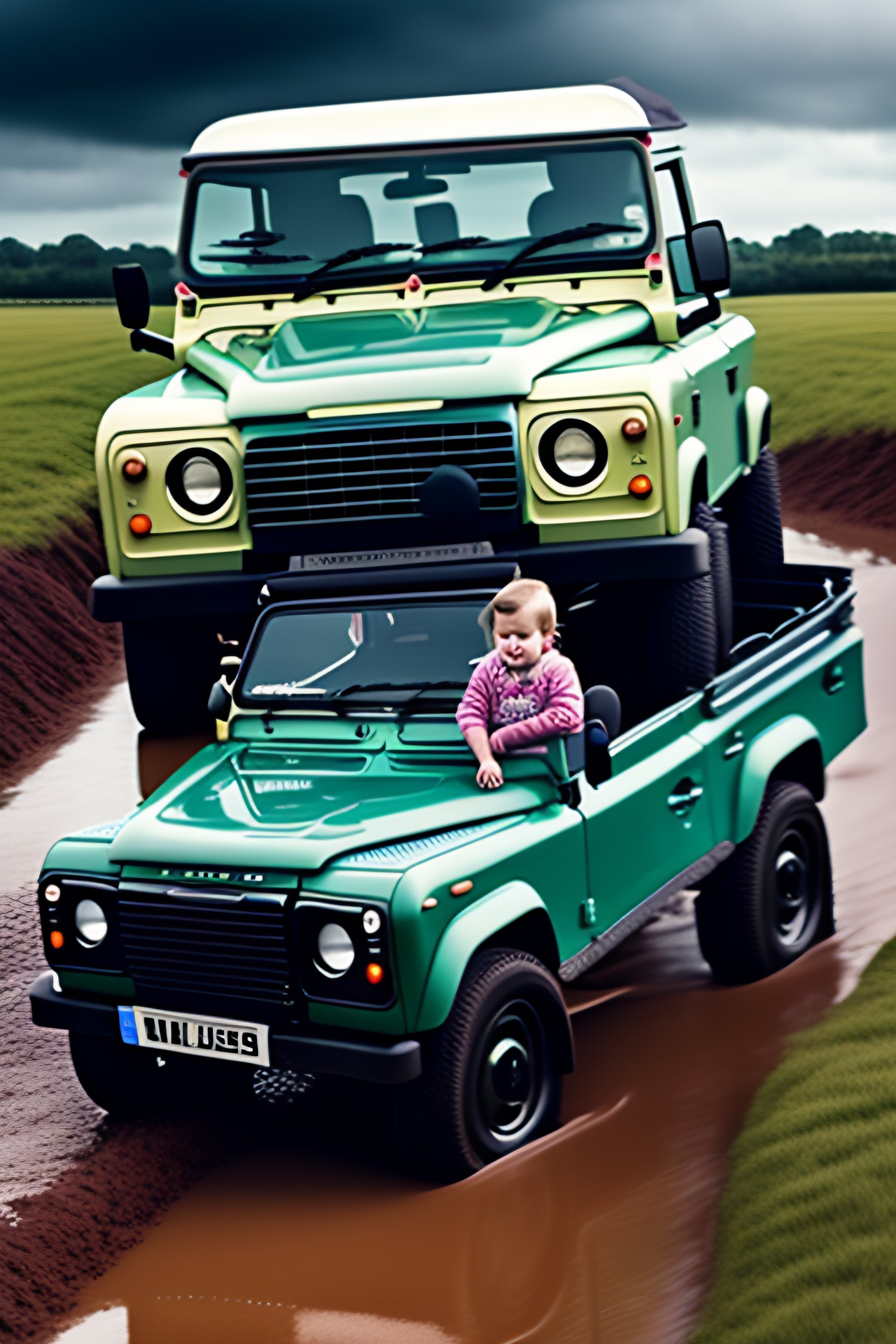 Lexica - A portrait of a child pushing an old Land Rover Defender ...