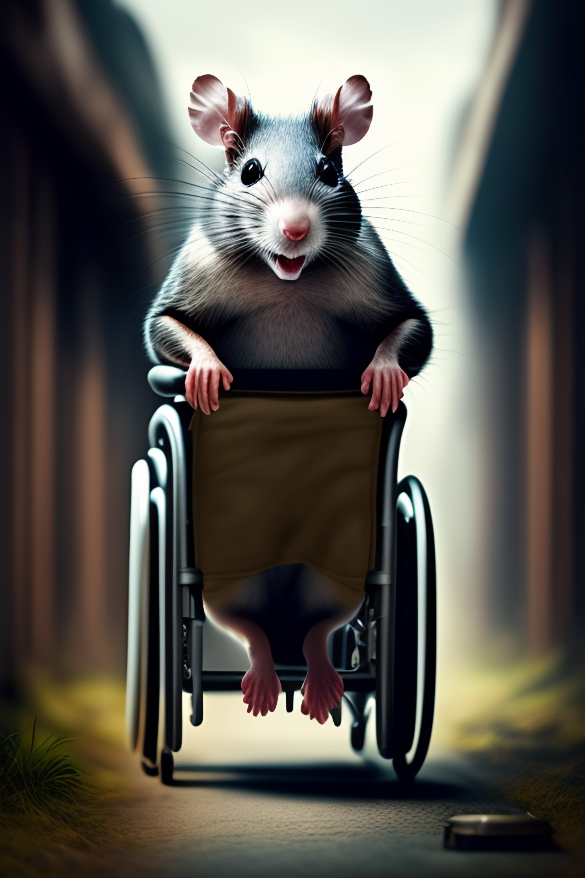 Lexica - A grey rat riding a wheelchair escaping from zombies, gloomy ...