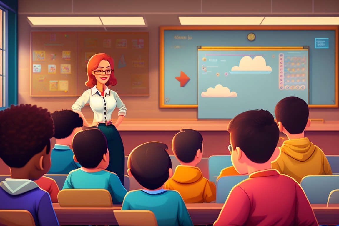 Lexica - A teacher standing in a classroom in front of students, hued ...