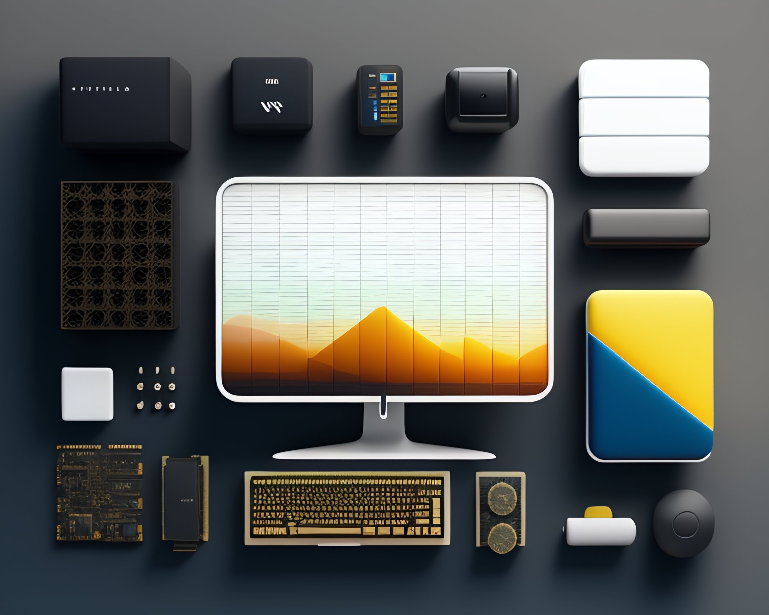Lexica - Prompt: 'editors computer, Knolling, flat lay, technology ...