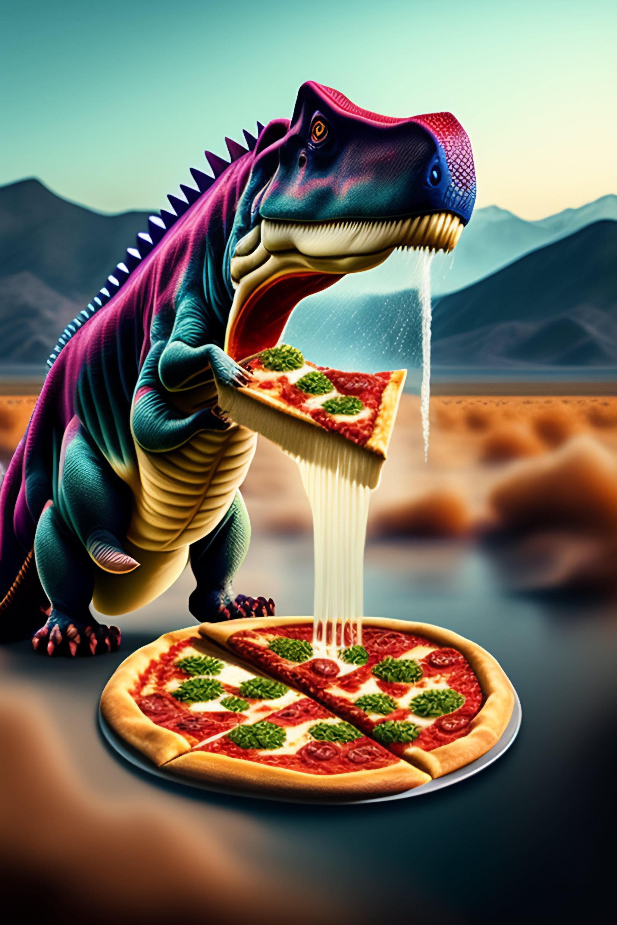 Lexica - Dinosaur eating pizza