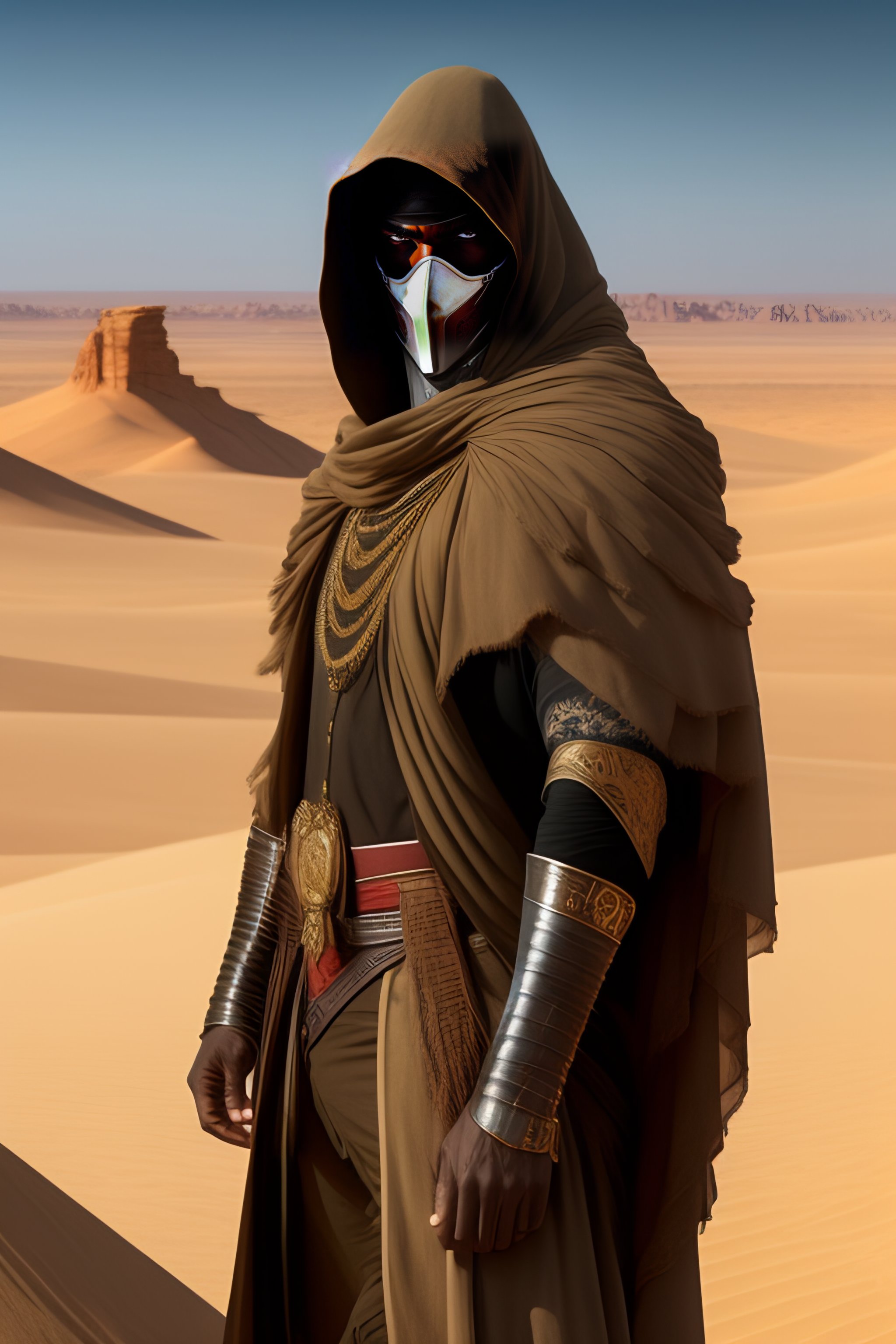 Lexica - A drawing of a masked man in dusty clothes with a sharp look ...