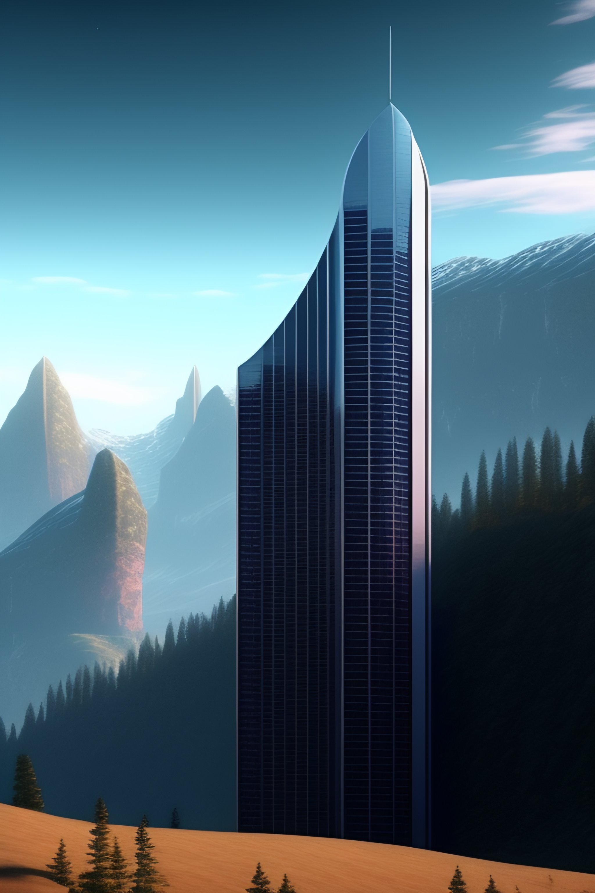 Lexica - Modern skyscraper in giant mountain range