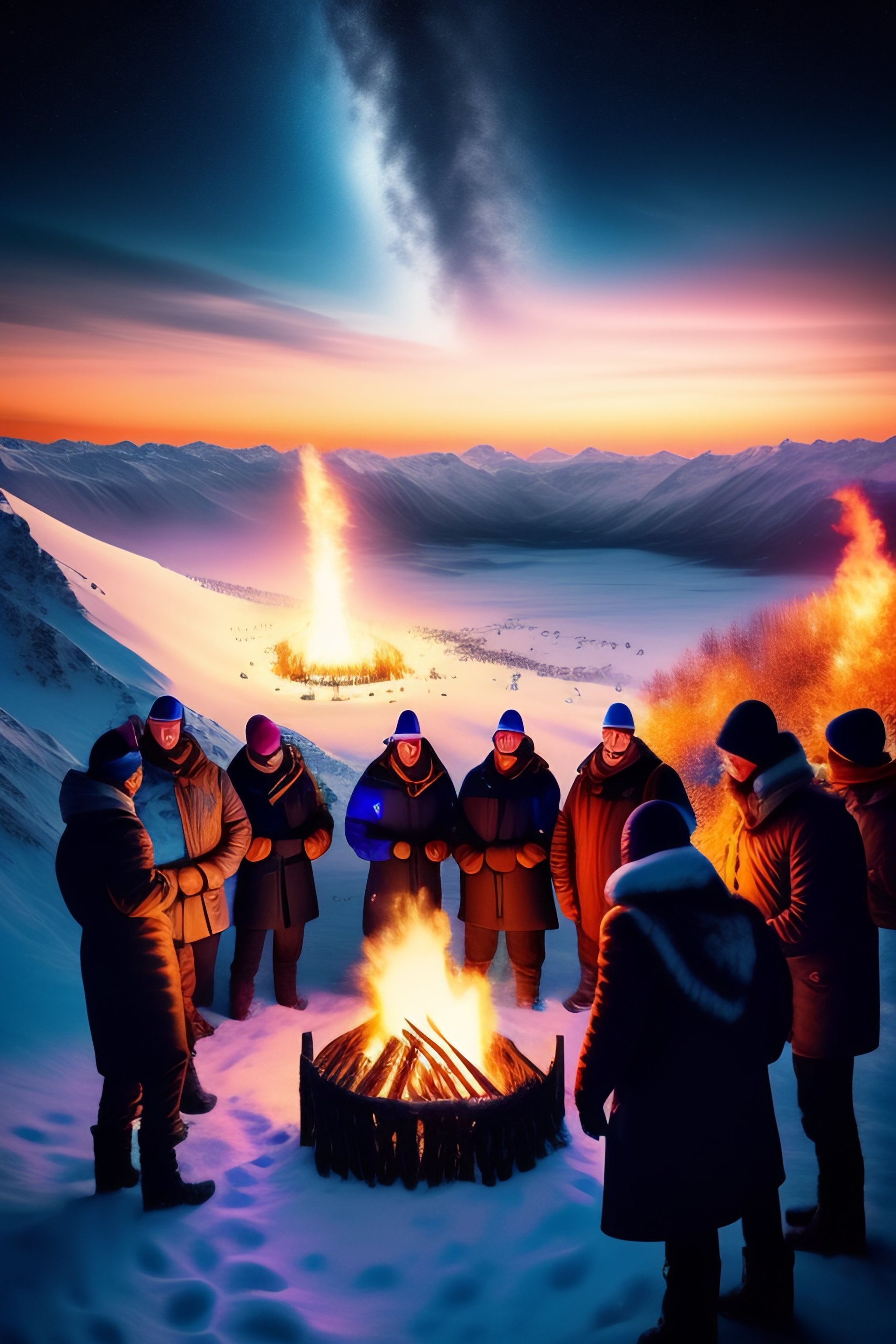 Lexica - Realistic aerial race gather around a bonfire NYE 2022 ...