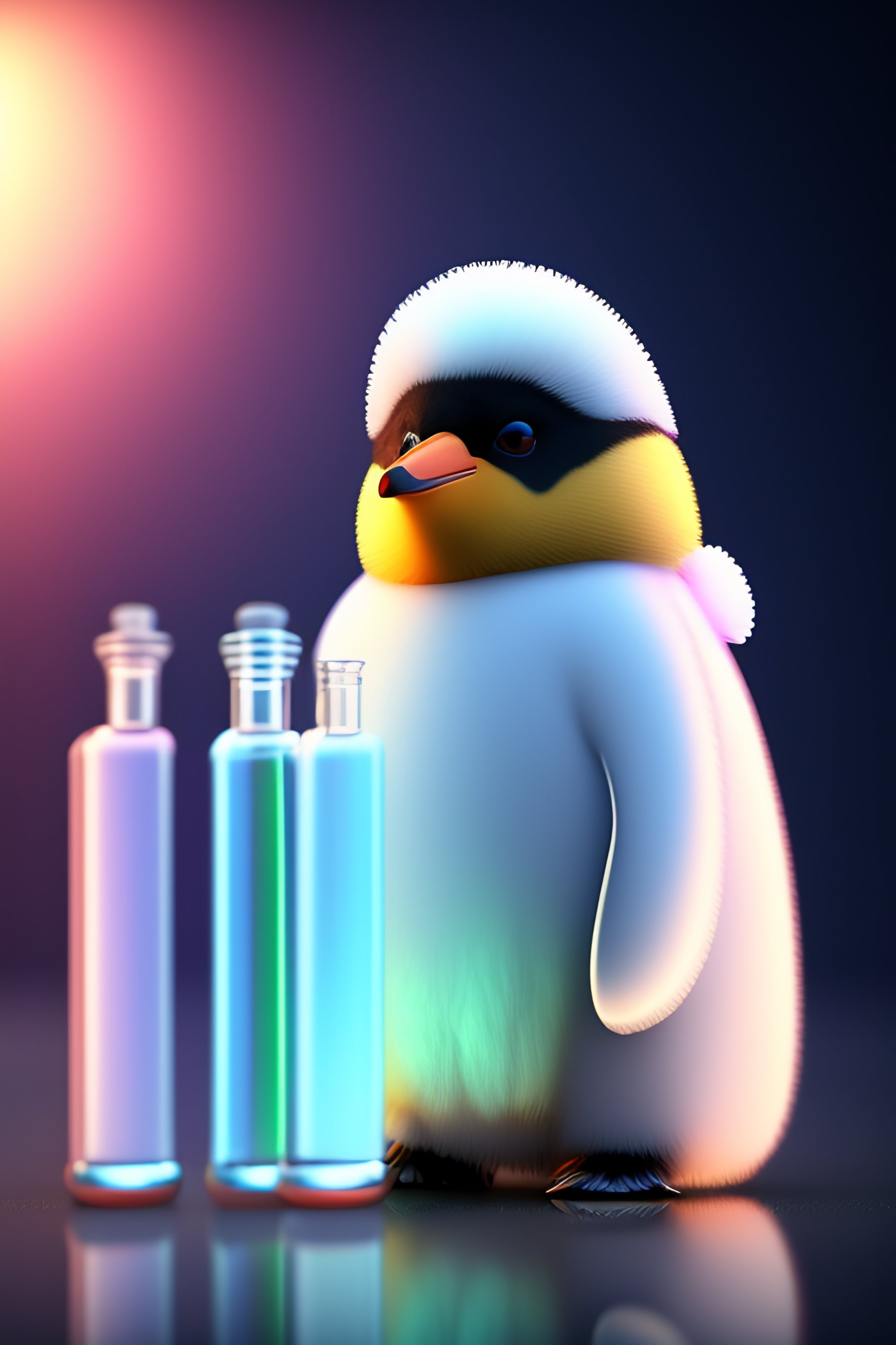Lexica - A 3d render of a cute fuzzy pet penguin dressed in a white lab ...