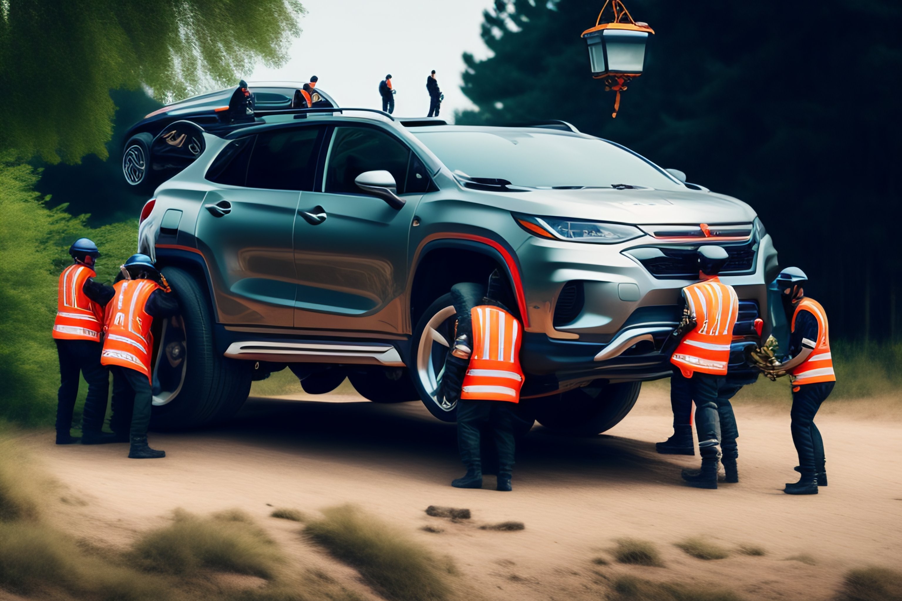 Lexica - A group of people working together to lift a car off of a ...