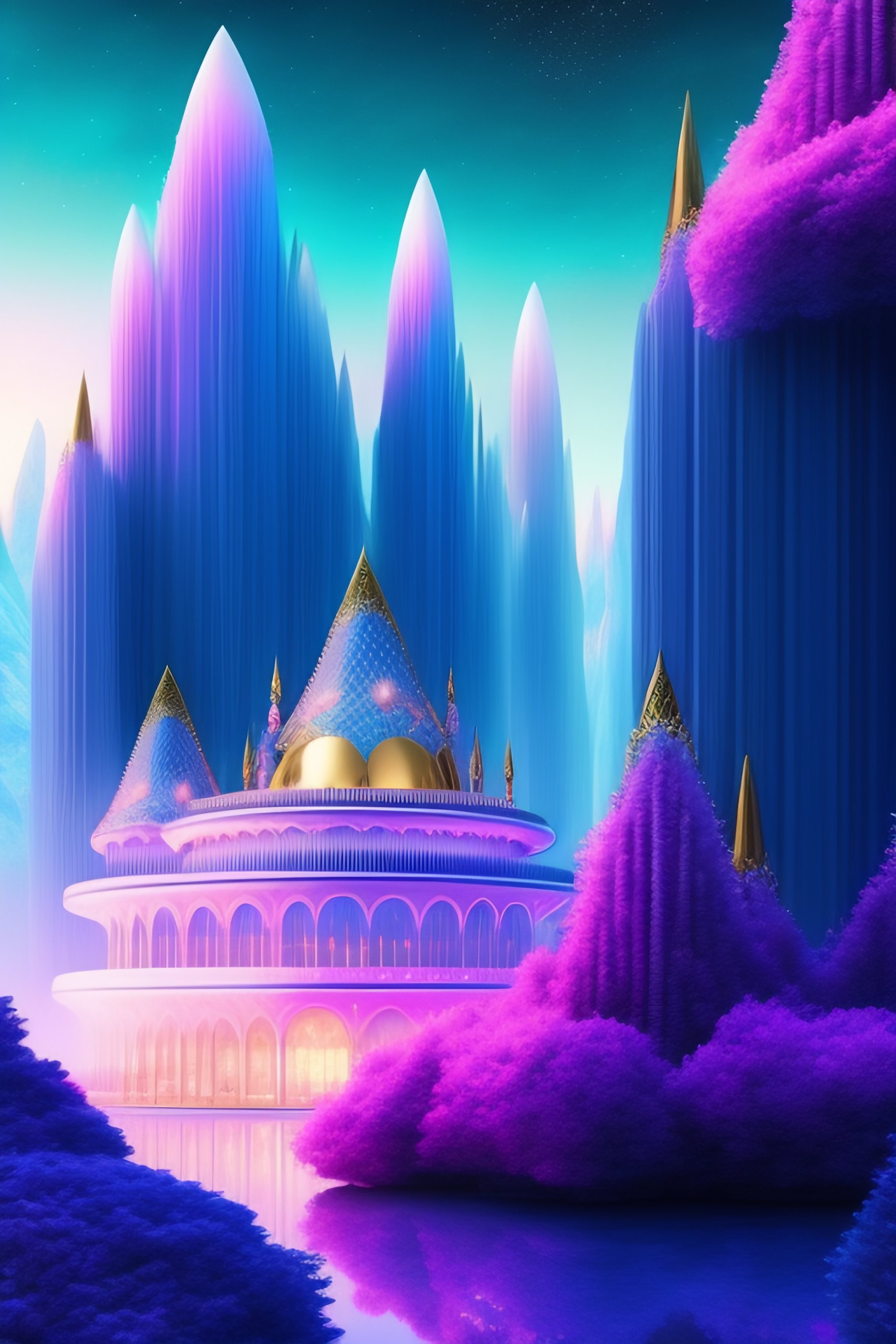 Lexica - Baby blue buildings far above the crystal grove, a magenta ...