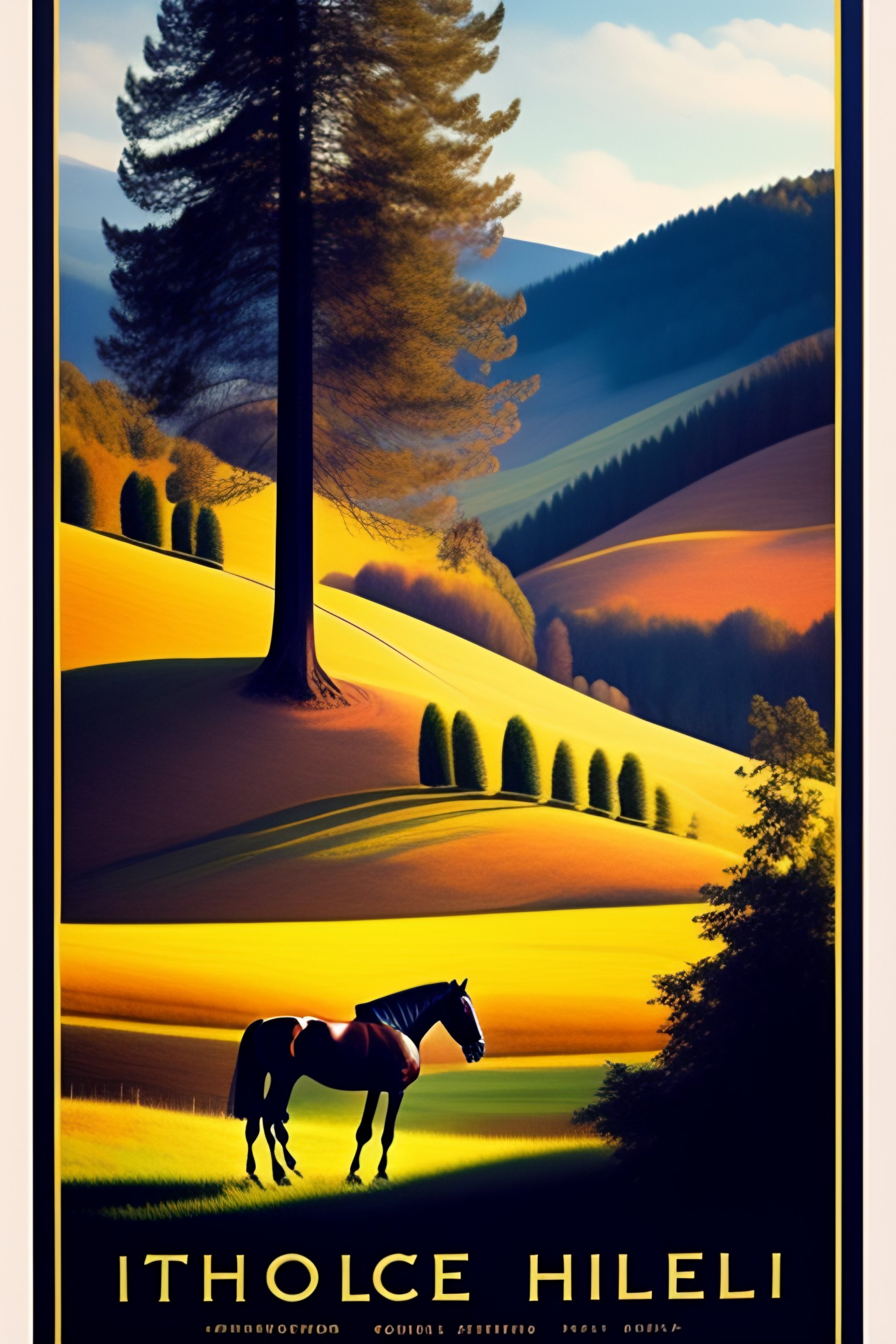 Lexica - Landscape hills horses firs, villages, poster vintage