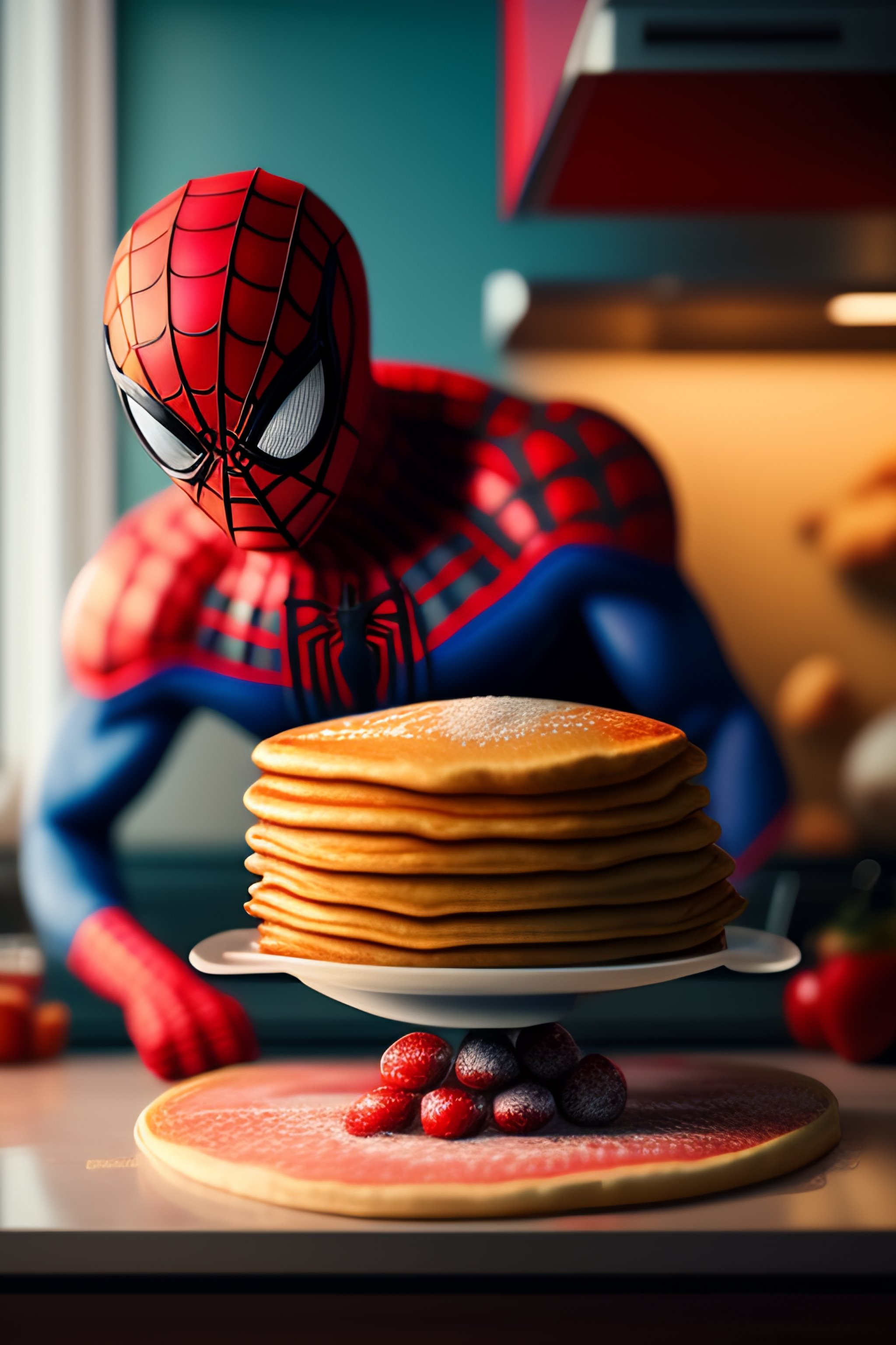 Lexica - Spiderman making a pancake in the kitchen , simon stalenhag,8k ...
