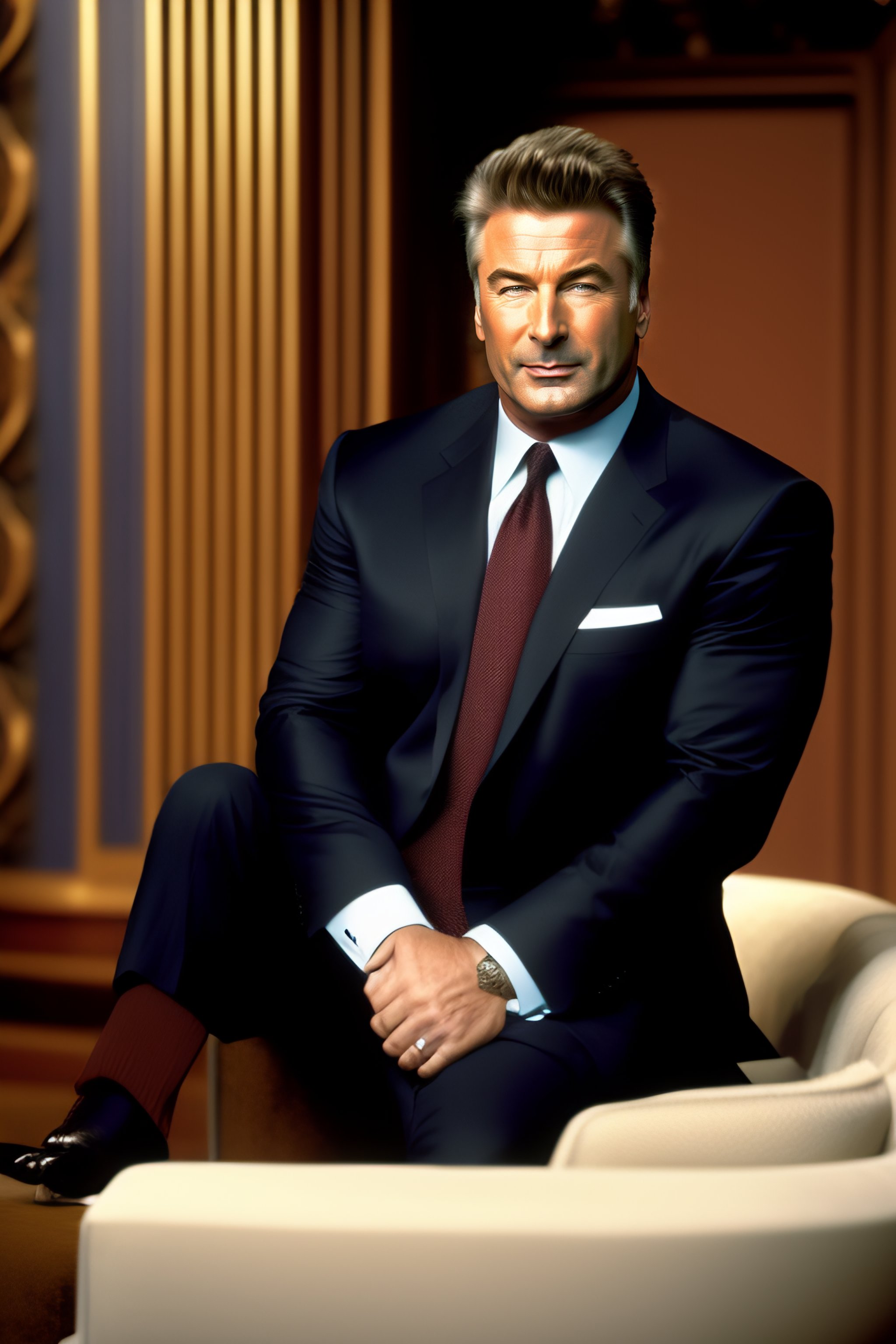 Lexica - Alec baldwin sitting and posing to the camera, full body shot