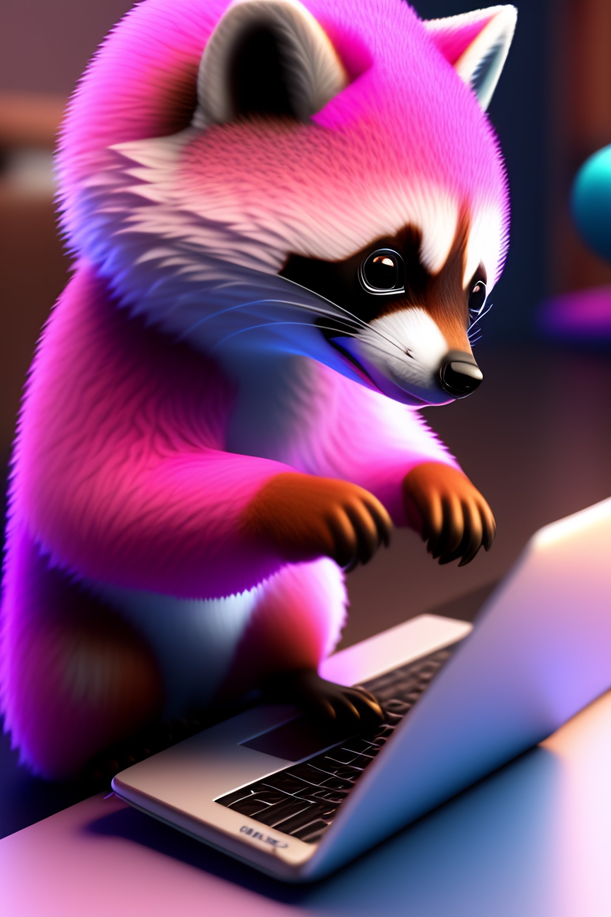 Lexica - Soft pink 3d racoon coding a software with laptop by pixar
