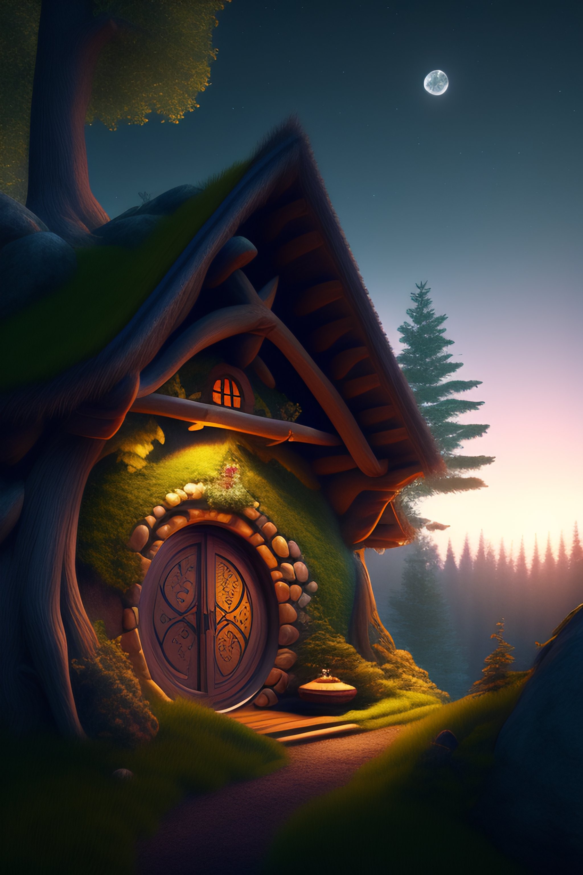 Lexica - Enchated forest, hobbit house, moonlight, magical, fairy ...