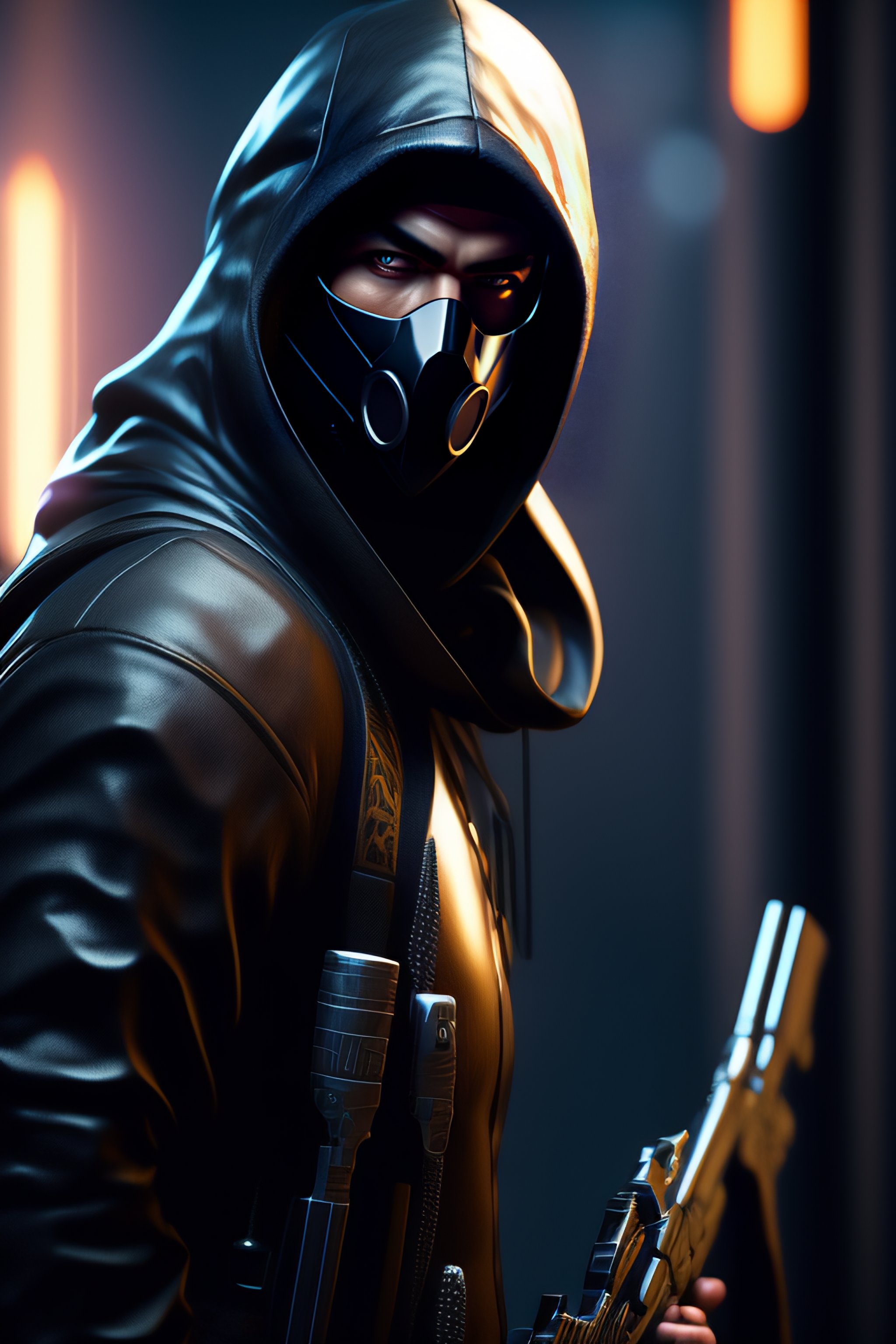 Lexica - Masked cyberpunk assassin, shooting gun, hyper realistic ...
