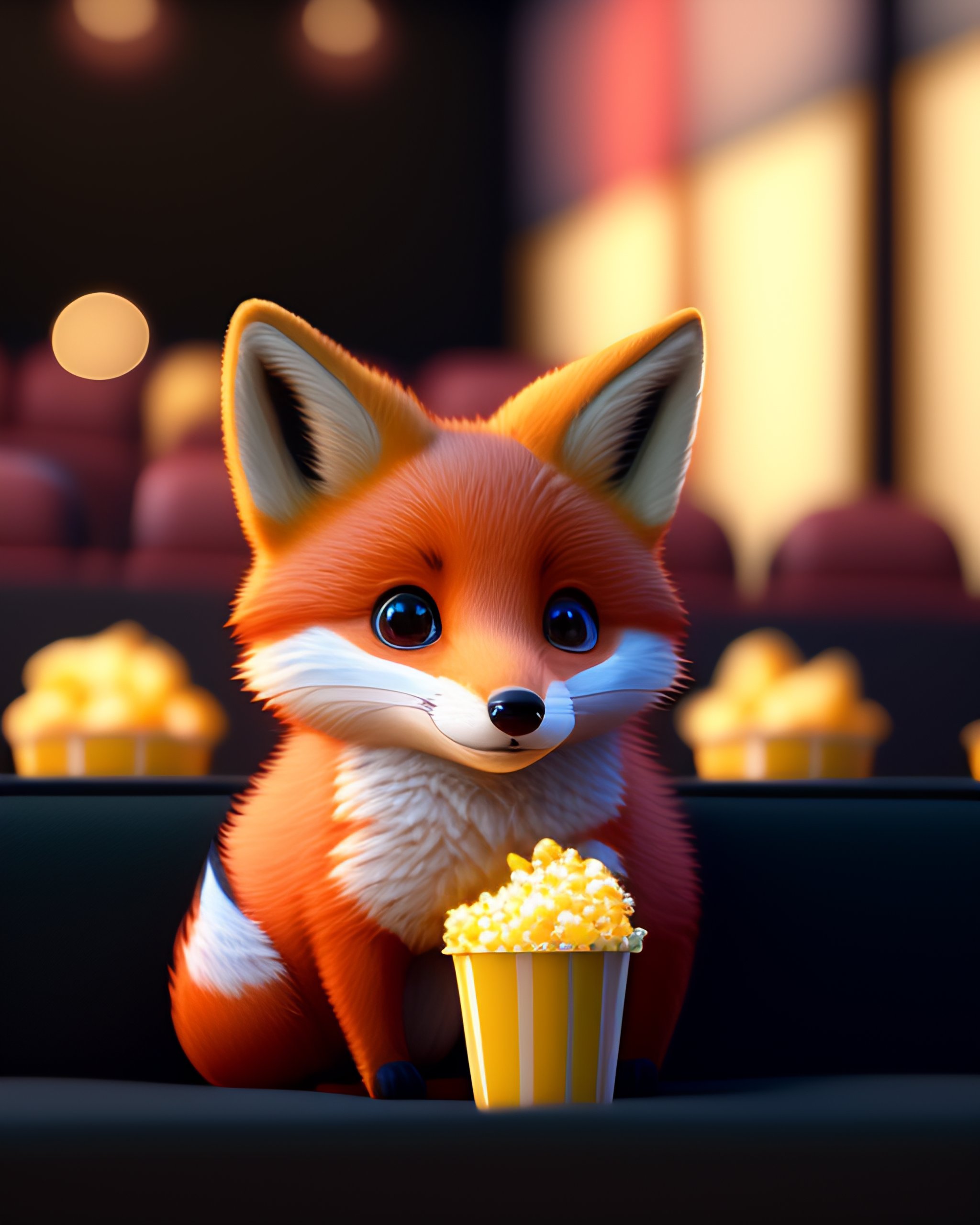 Lexica - Cute small Fox sitting in a movie theater eating popcorn ...