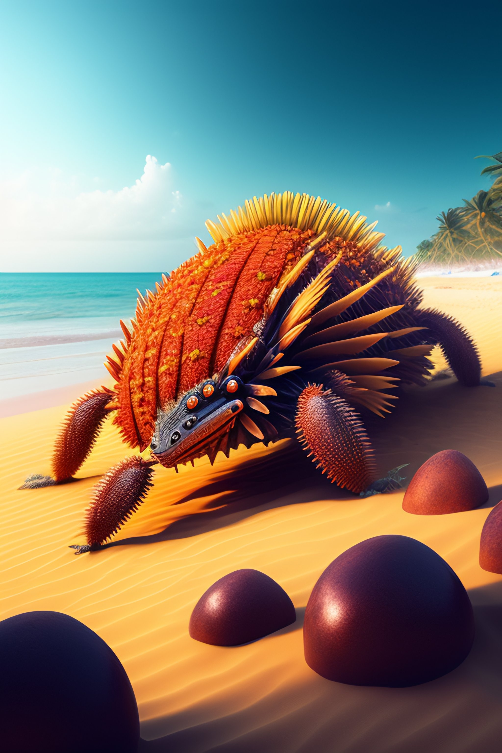 Lexica - Giant spiky orange coconut crab monster on tropical beach sand ...