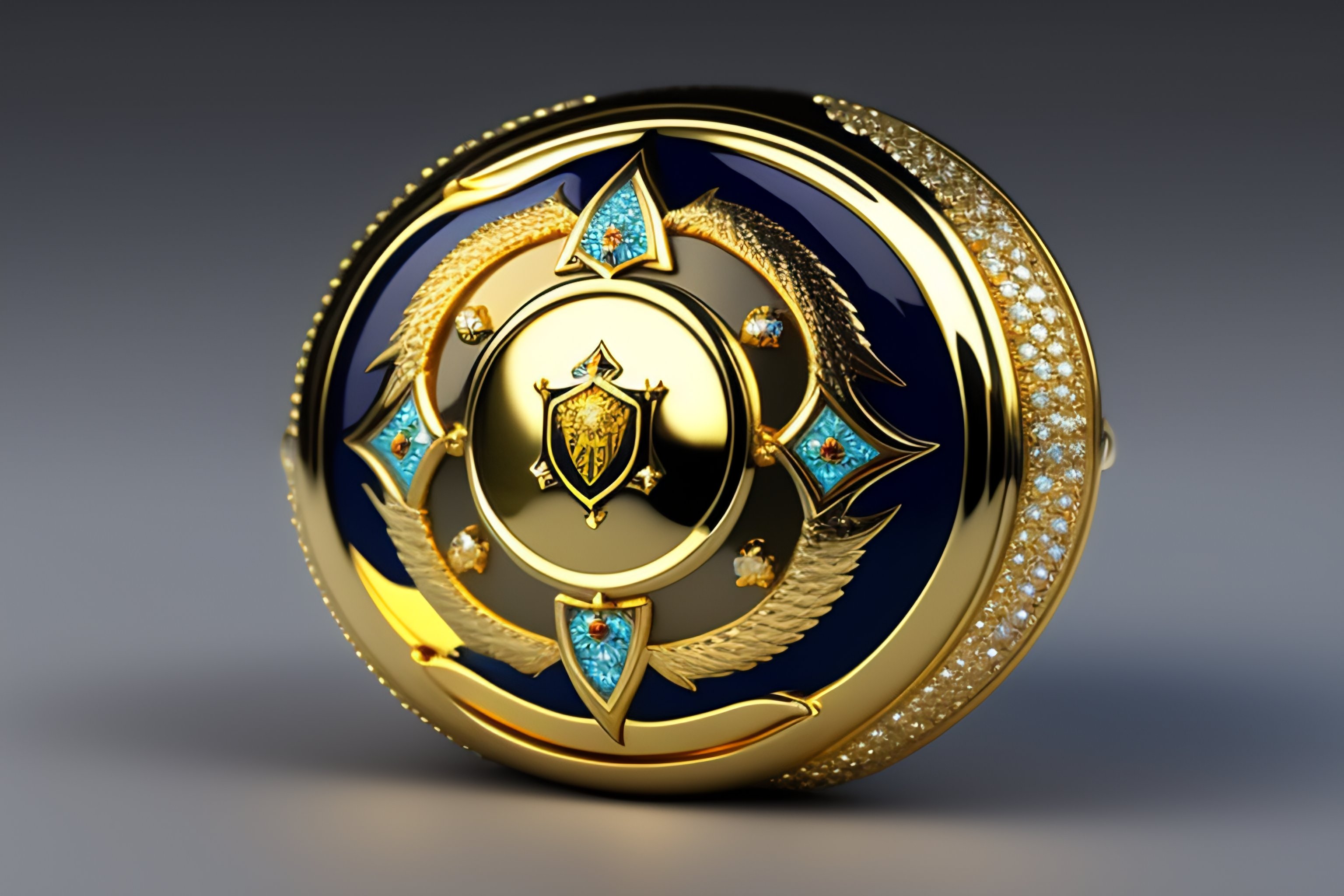 Lexica - Gold and Silver Shield with gems and a dragon symbol on it, front view hard focus