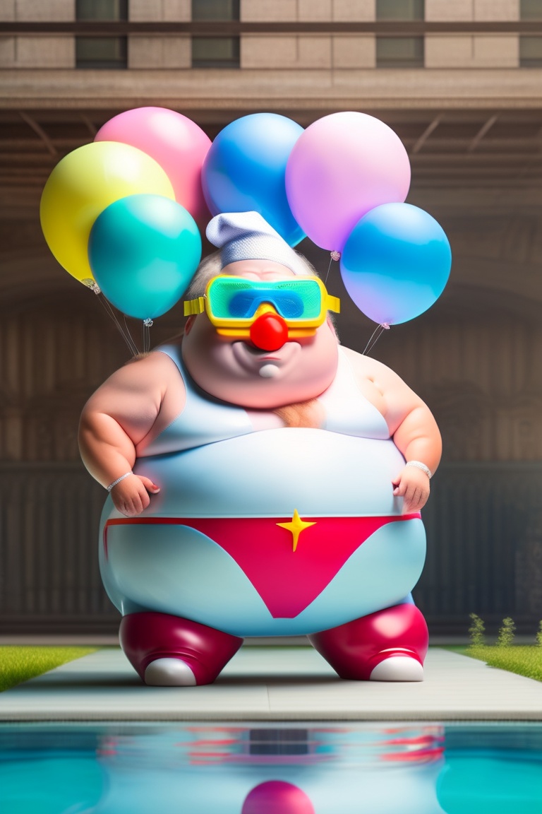 Lexica - A fat clown with diving goggles chilling in a pool, holding ...