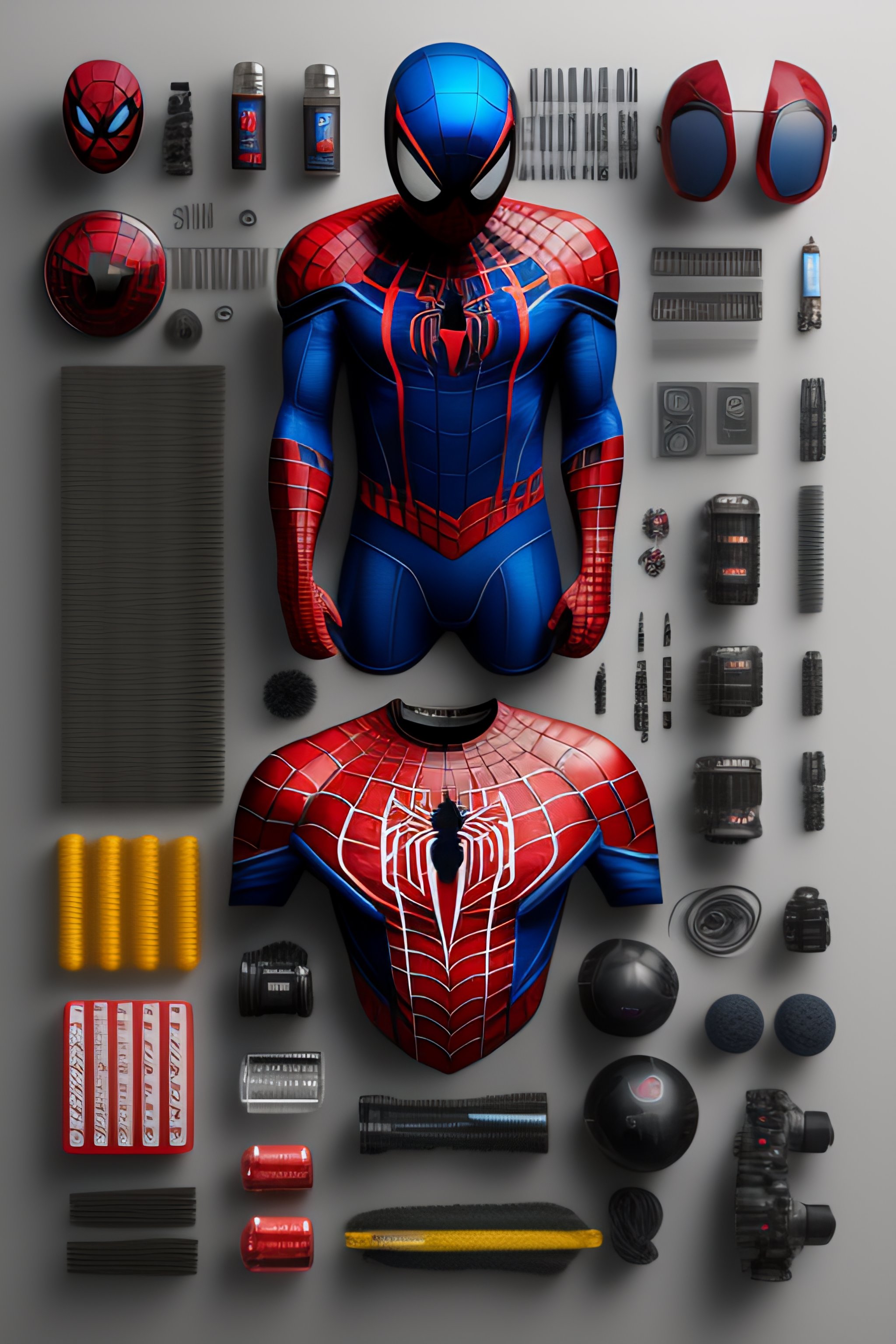 Lexica - Spiderman suit, Costumes and mechanical parts, Knolling ...