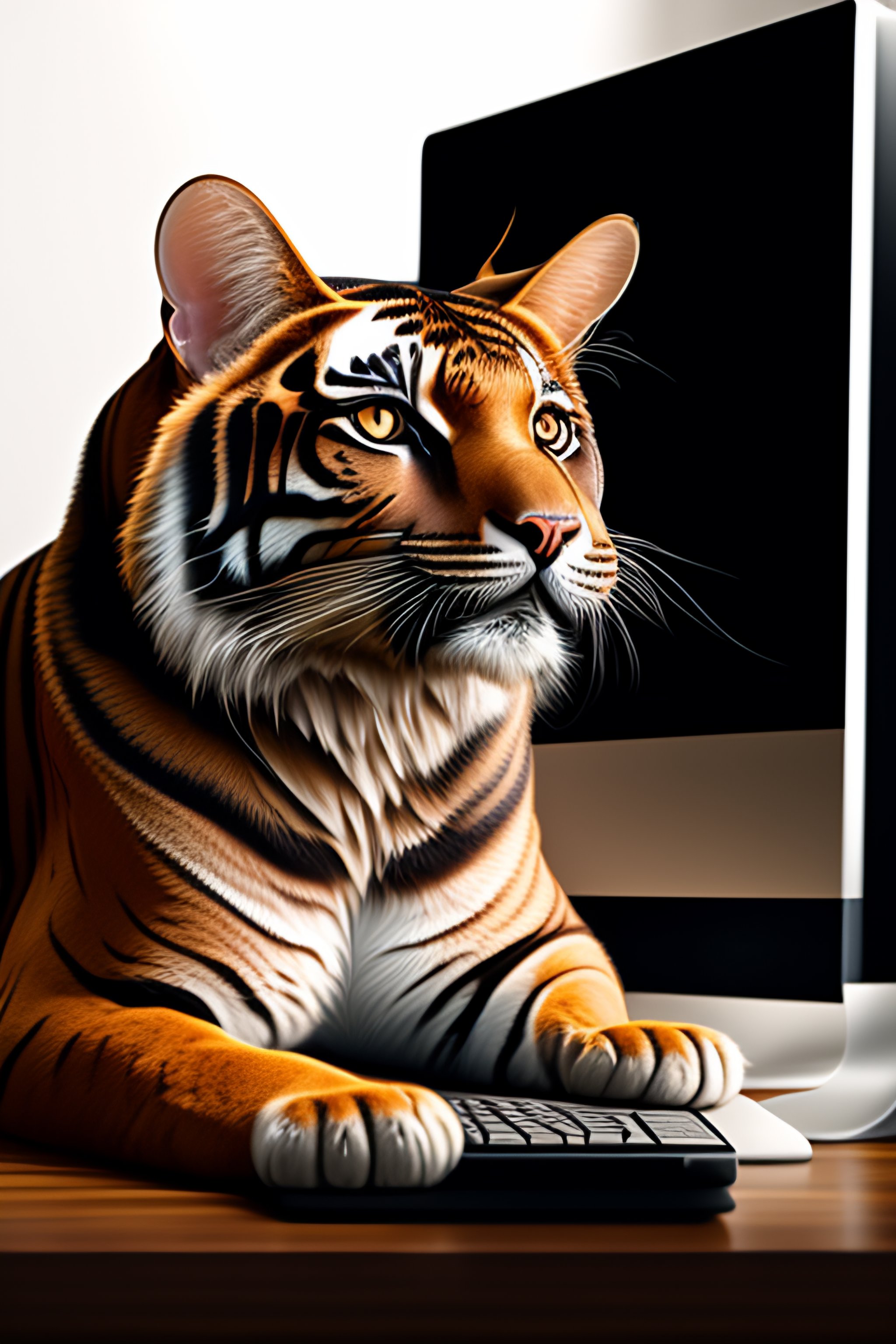 Lexica - Brown tiger cat blogging against a PC display.