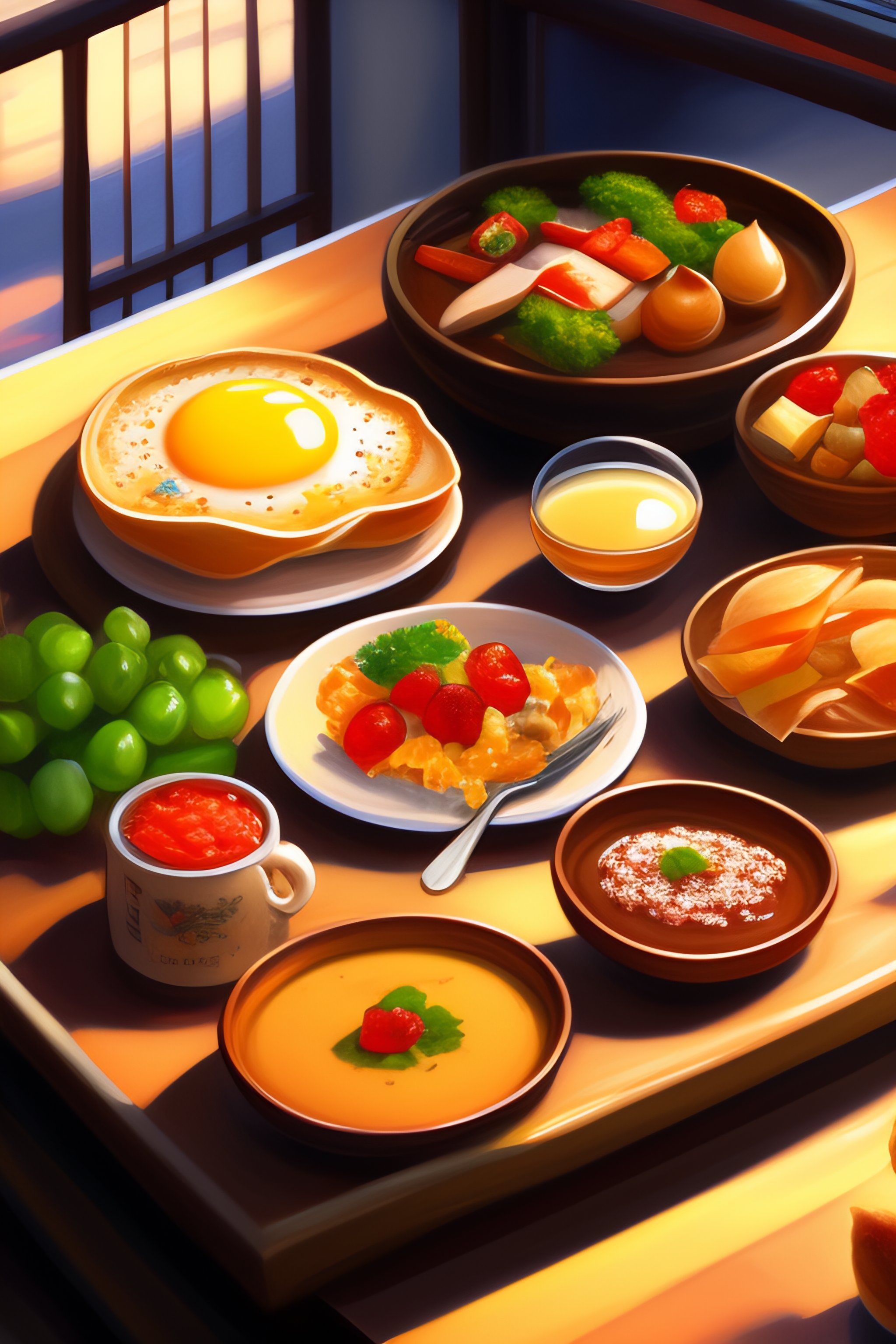 Lexica - A painting of a table full of breakfast foods, concept art by ...